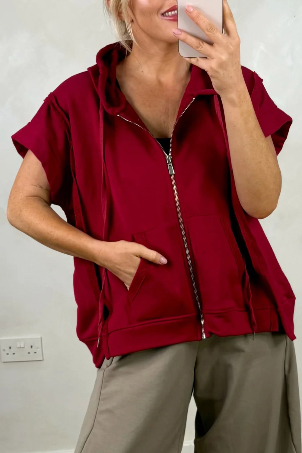 $10.88 Racing Red Solid Color Reverse Seam Patchwork Short Sleeve Zip ...