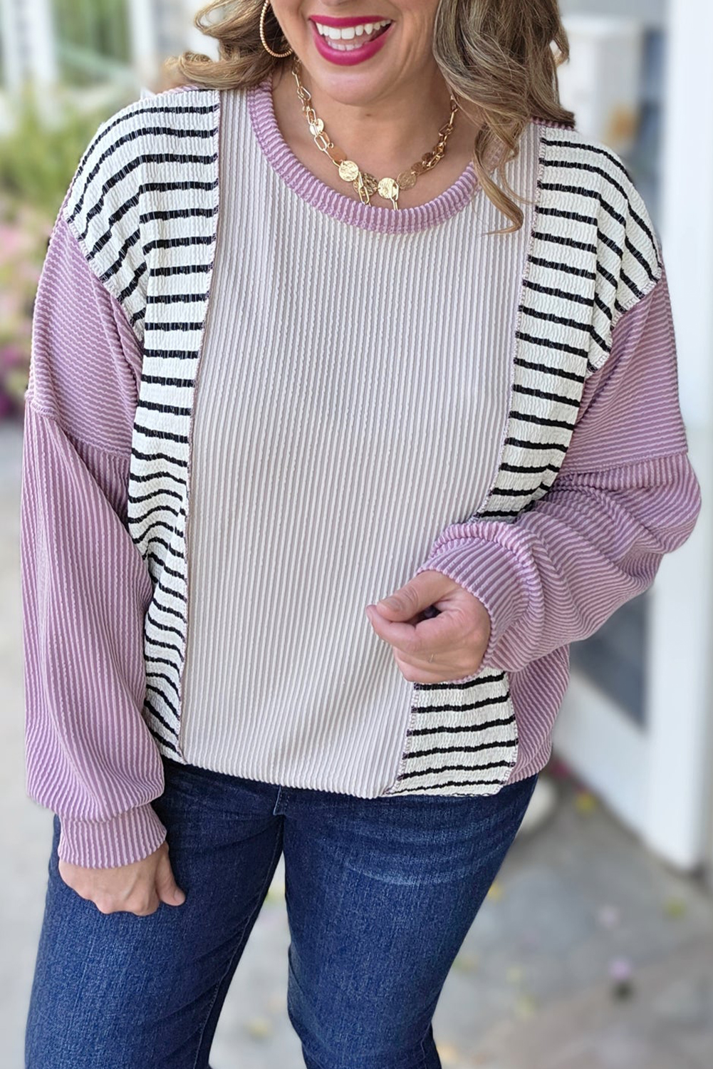 $11.86 Purple Colorblock Stripes Patchwork Twist Ribbed Plus Size ...