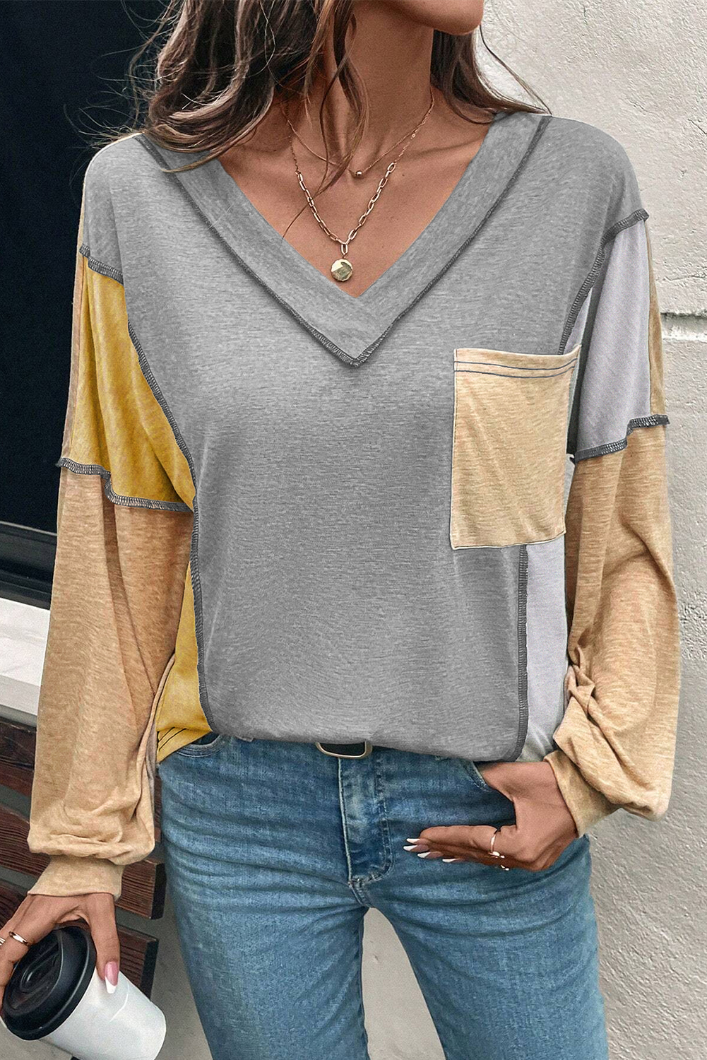 $5.01 High Exposed Stitching Colorblock V Neck Long Sleeve Top Wholesale