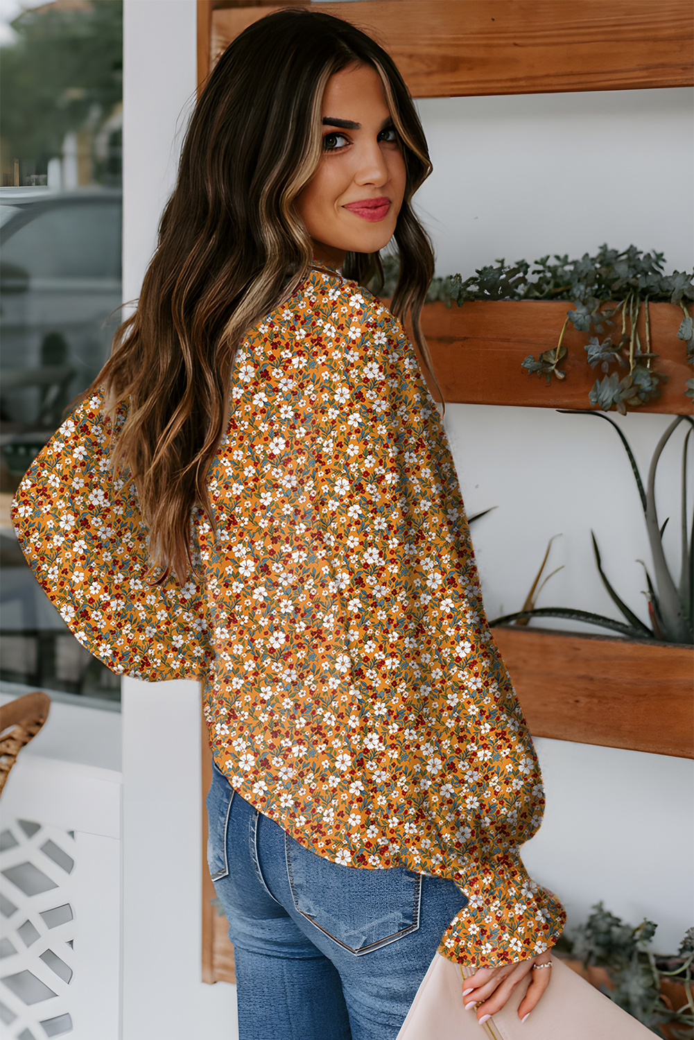 $8.42 Orange Boho Floral Ruffled Bubble Sleeve V Neck Fall Blouse Wholesale