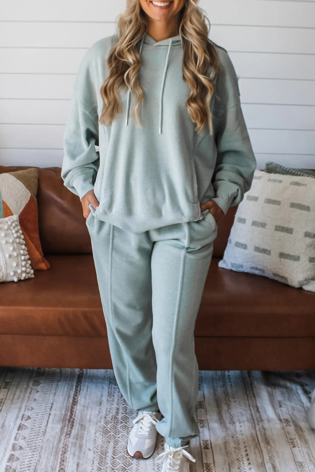$15.98 Clearly Aqua Solid Color Oversize Hoodie Casual Pant Set Wholesale