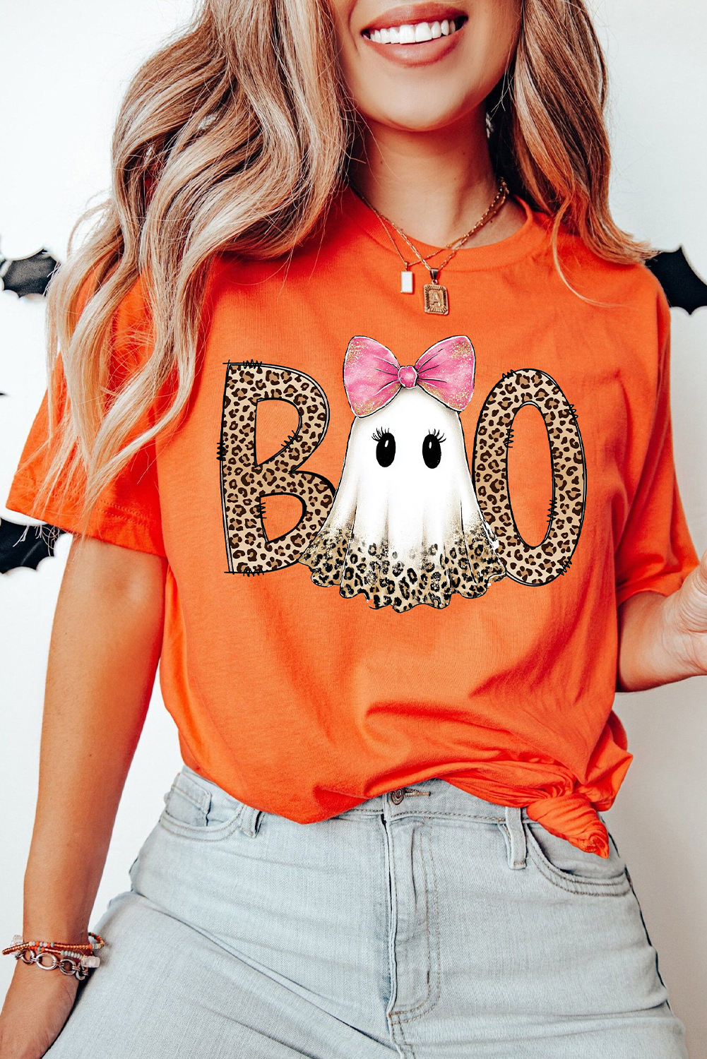 $5.94 Orange BOO Leopard Letter Print Halloween Ghost T Shirt Wholesale