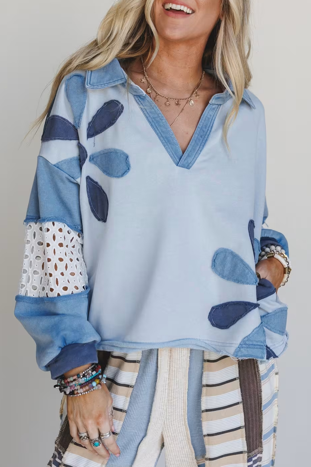 $13.5 Beau Blue Color Block Flower Petal Lace Insert Long Sleeve Polo ...