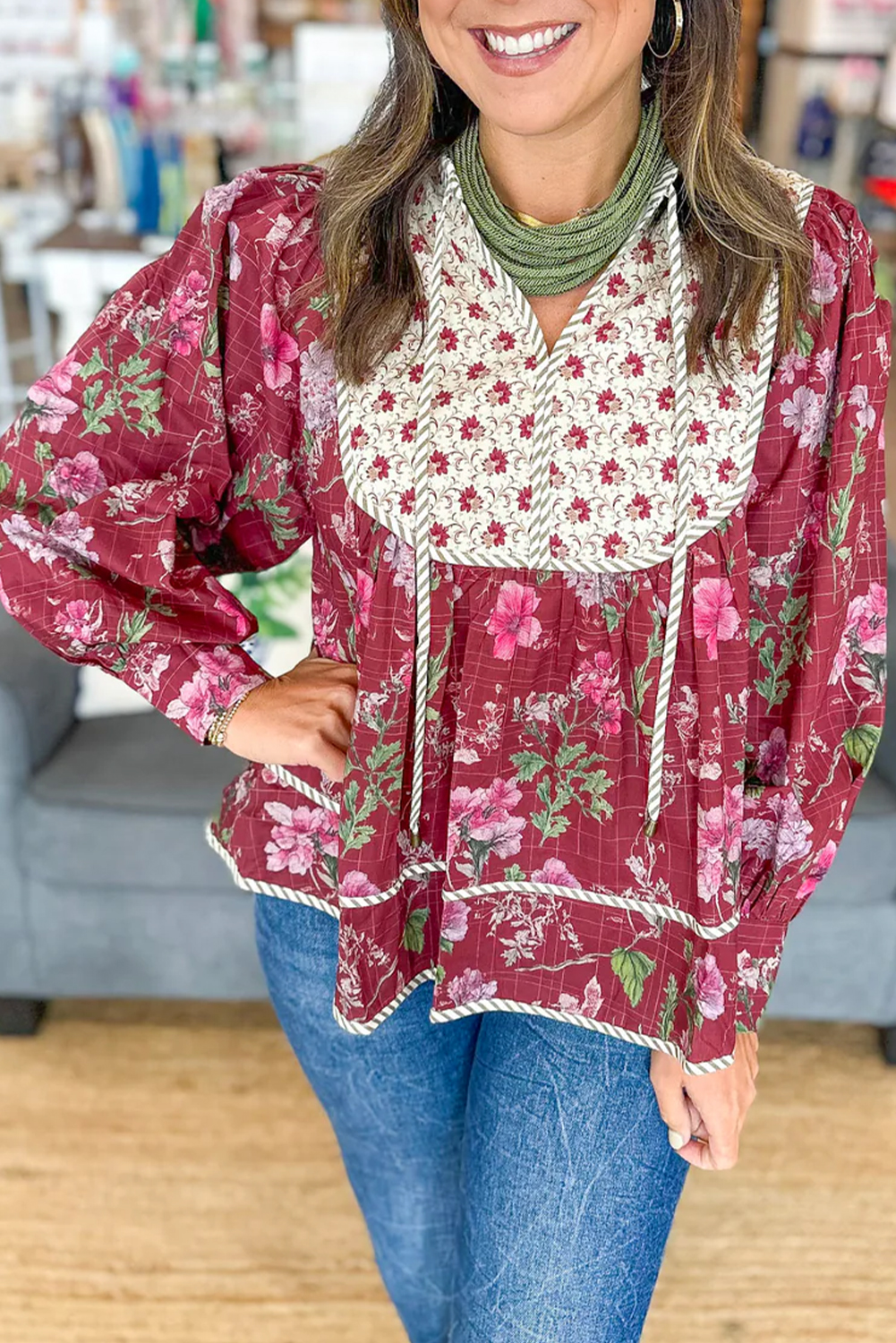 $11.61 Red Floral Print Contrast Yoke Patchwork Striped Trim Long Puff ...
