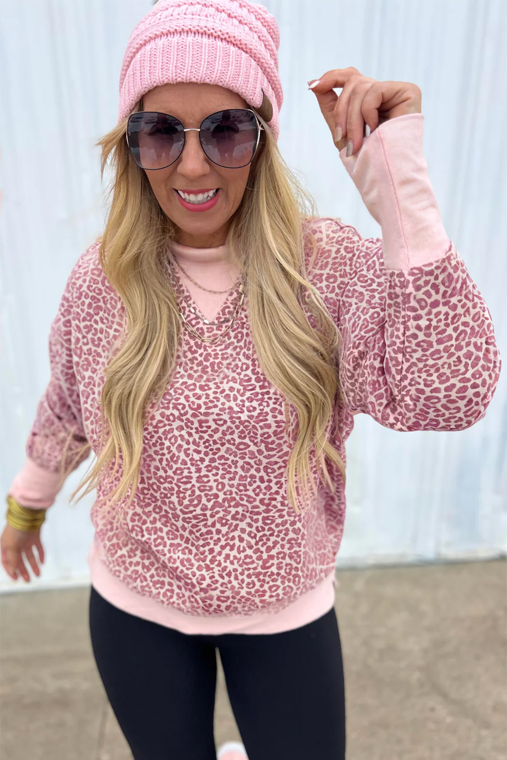 $6.33 Pink Leopard Print Patchwork Crew Neck Sweatshirt Wholesale