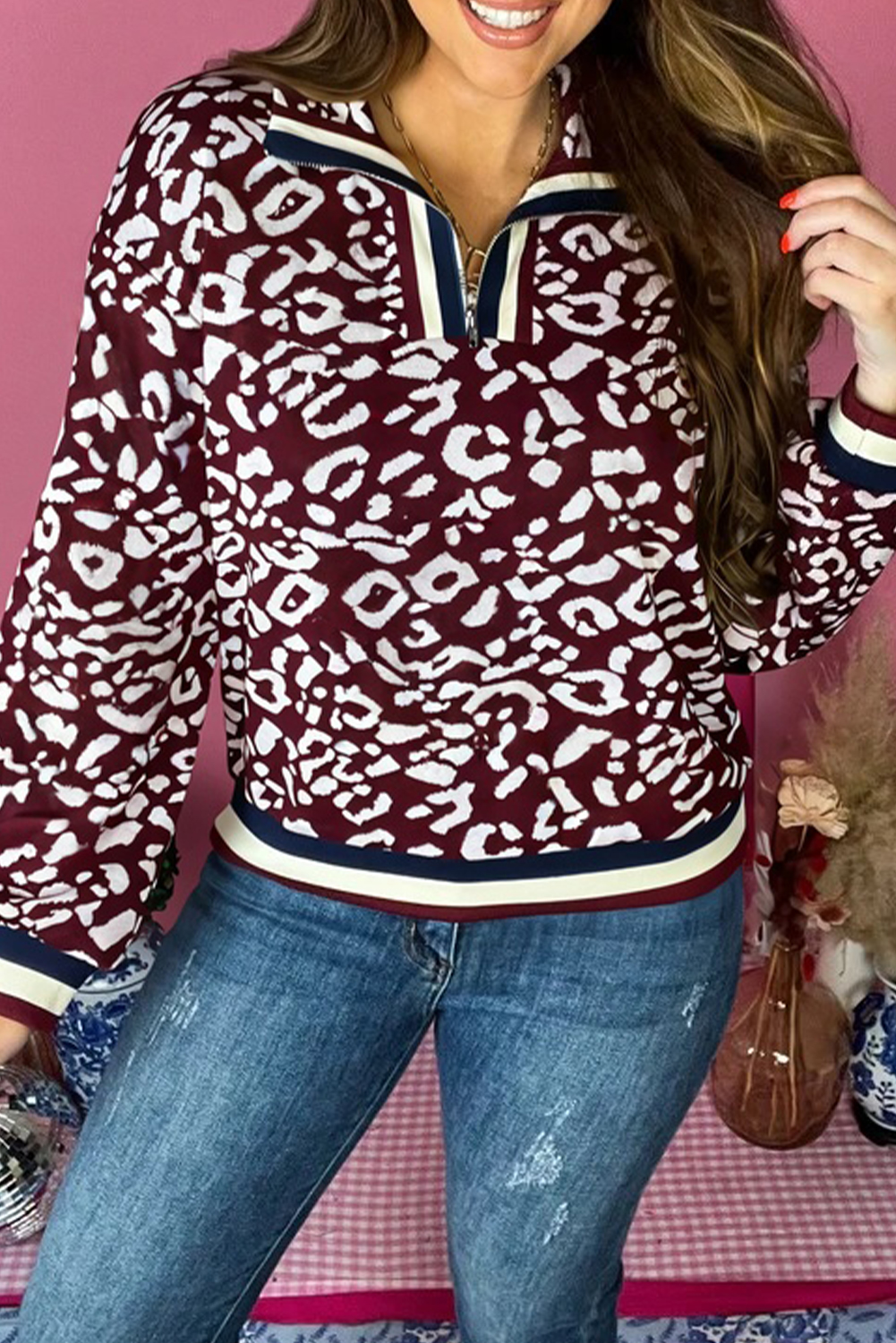 $11.86 Violet Leopard Print Striped Webbing Patchwork Quarter Zip ...