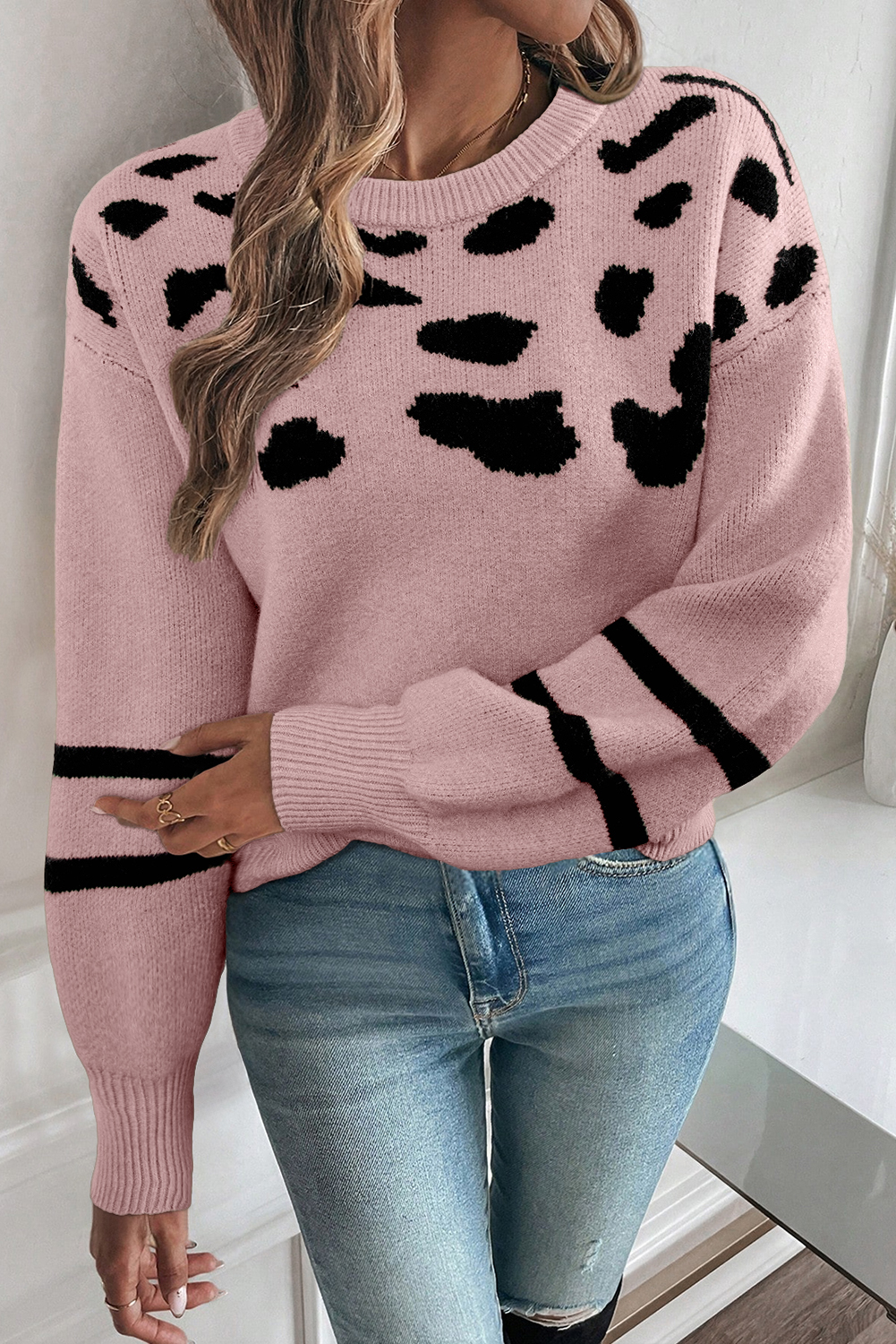 $9.96 Pink Leopard Striped Detail Drop Shoulder Sweater Wholesale