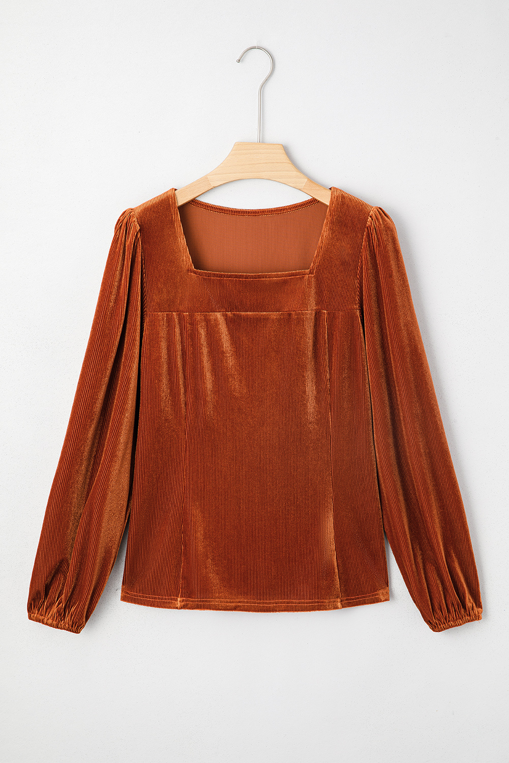 $5.94 Clay Velvet Ribbed Texture Square Neck Slim Puff Sleeve Top Wholesale
