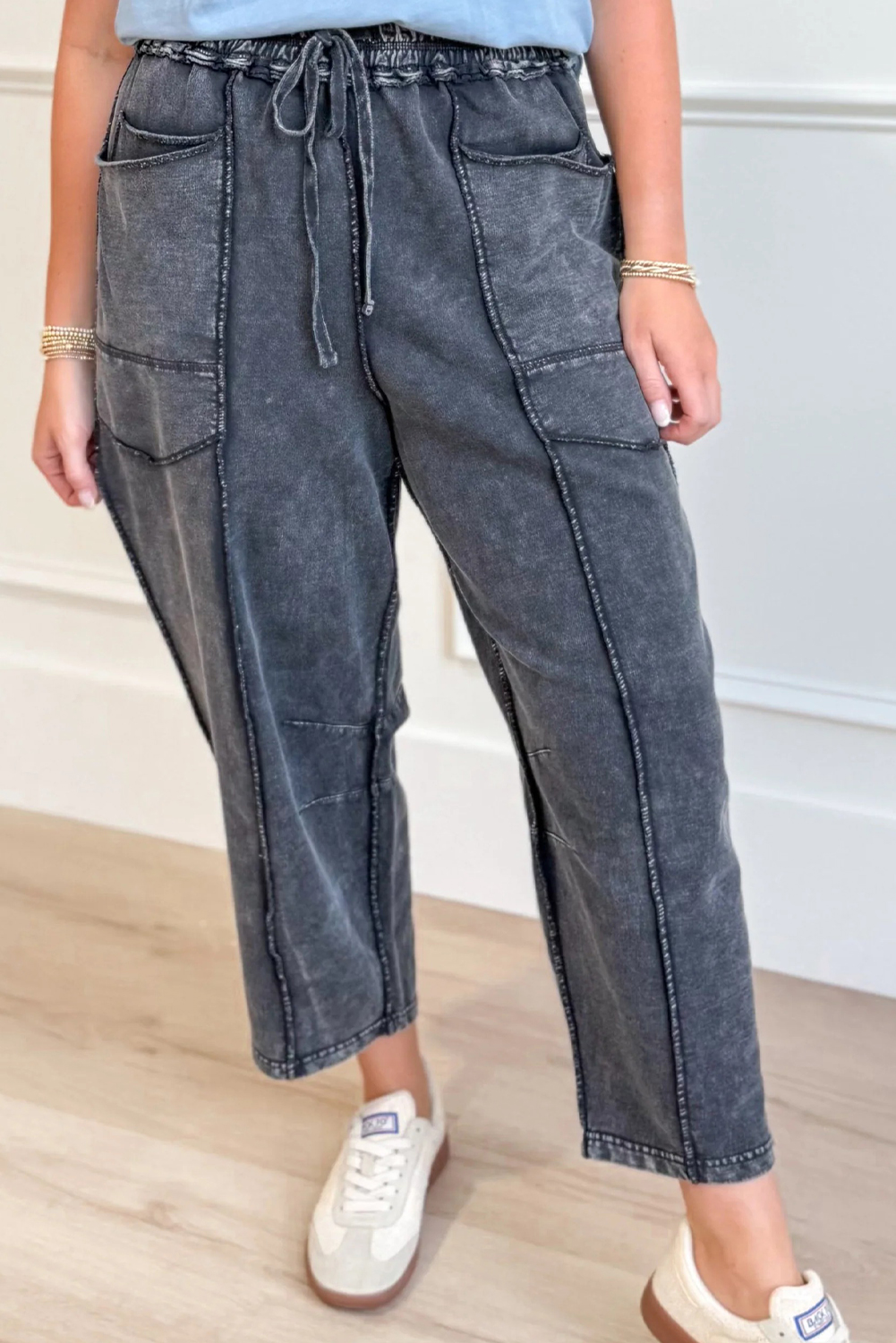 $12.41 Dark Grey Mineral Wash Exposed Seam Drawstring Elastic Waist ...