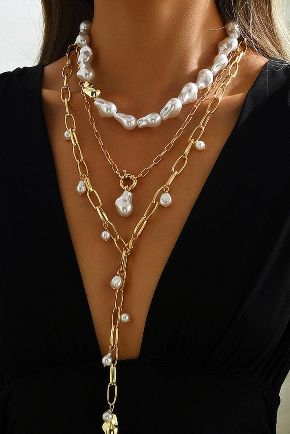 $7.04 Gold Alloy Plated Chain Baroque Pearl 3pcs Layered Necklace Set ...