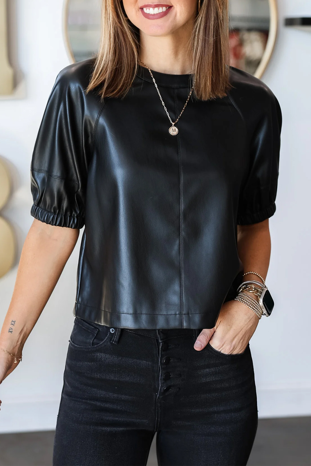 $7.58 Black Elastic Cuffs Short Sleeve Round Neck Vegan Leather Top ...