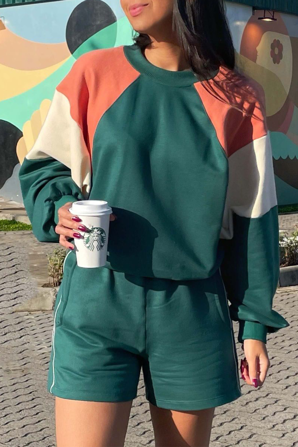 $13.78 Evergreen Color Block Patchwork Raglan Sleeve Pullover ...