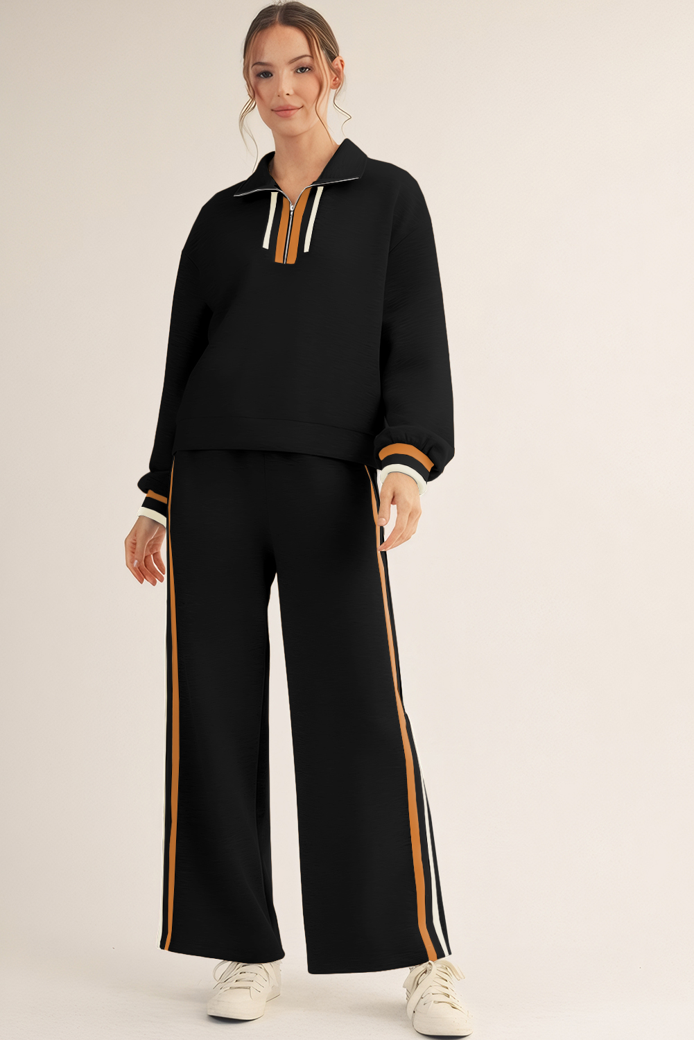 $18.53 Black Striped Patchwork Quarter Zip Pullover Loose Pant Set ...