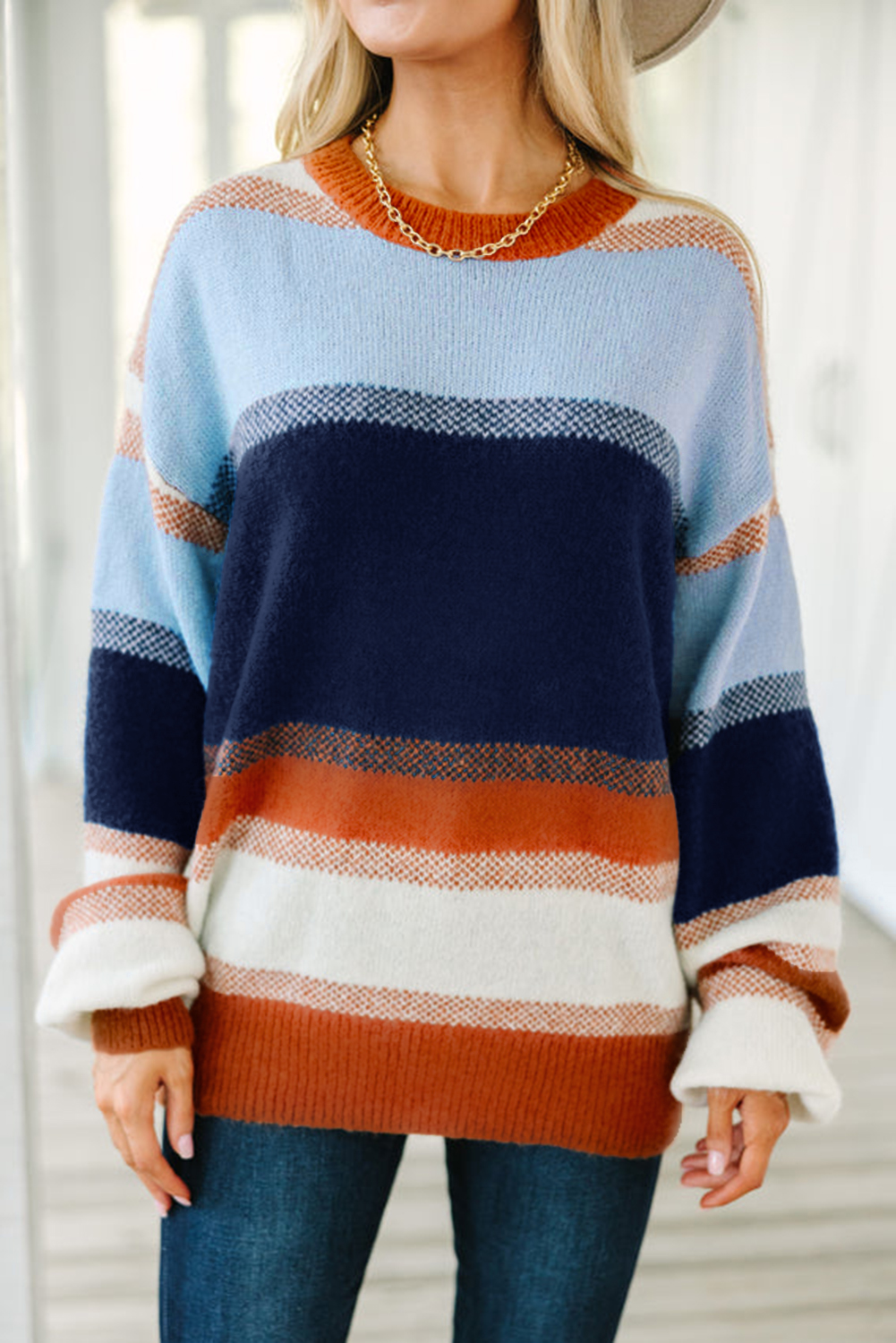 $10.1 Dark Blue Color Block Round Neck Tunic Sweater Wholesale