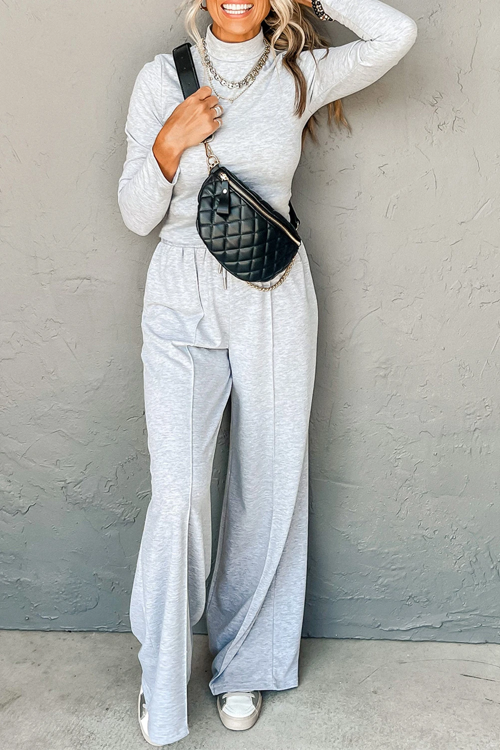 $12.86 Light Grey Long Sleeve High Neck Slim Top Smocked Waist Central ...