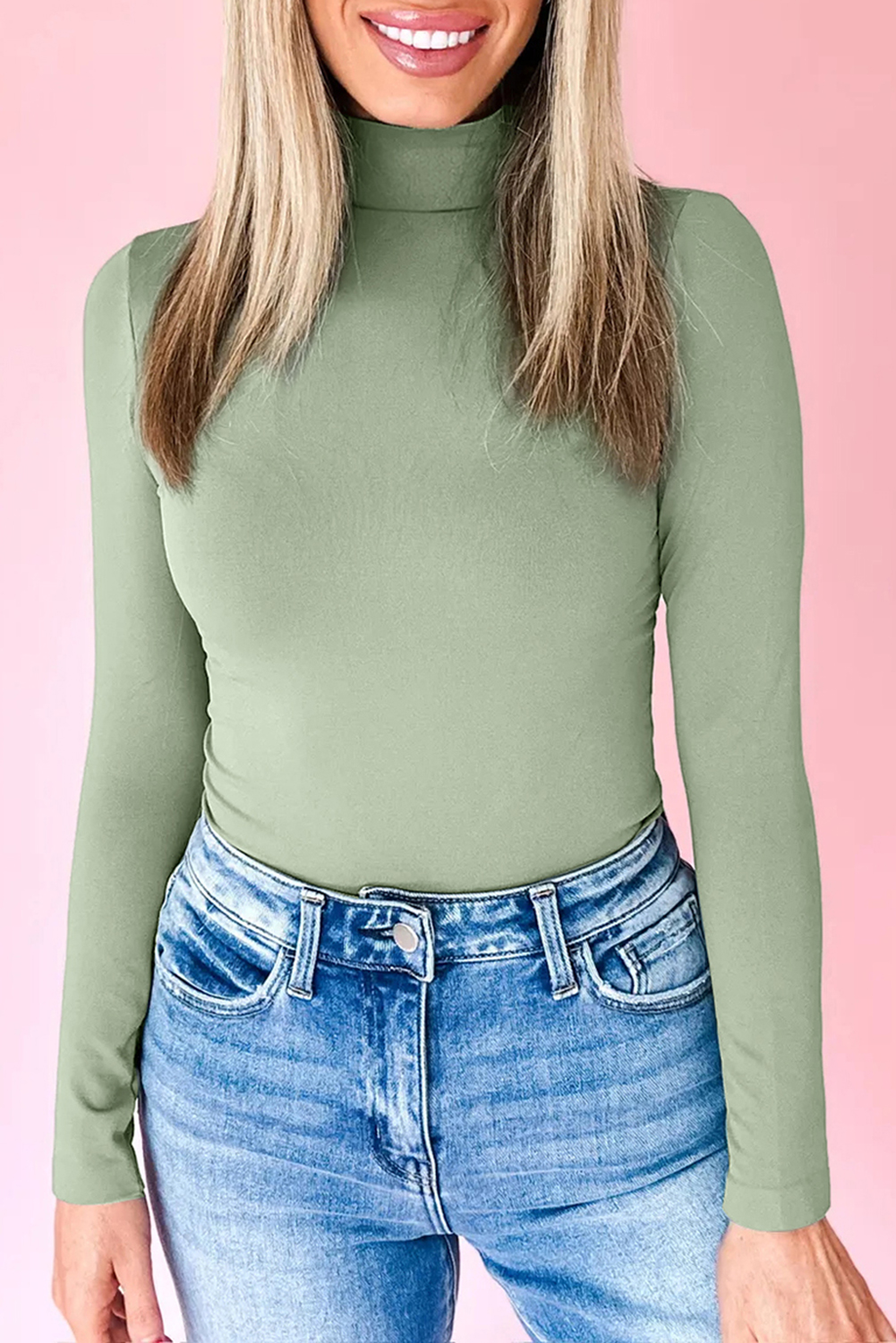 $4.46 Green Bay Slim Fit High Neck Long Sleeve Basic Top Wholesale