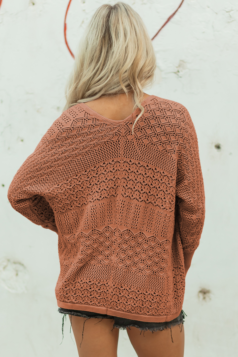 $9.3 Redwood Burl Mix Pattern Hollowed Knit Open Front Cardigan Wholesale