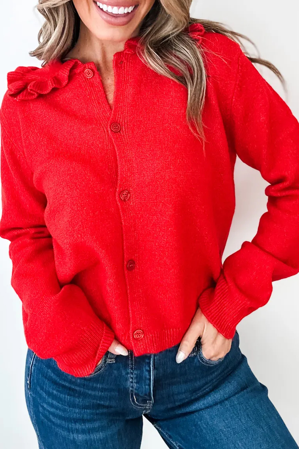$9.34 Fiery Red Ruffled Collar Button up Cardigan Sweater Wholesale