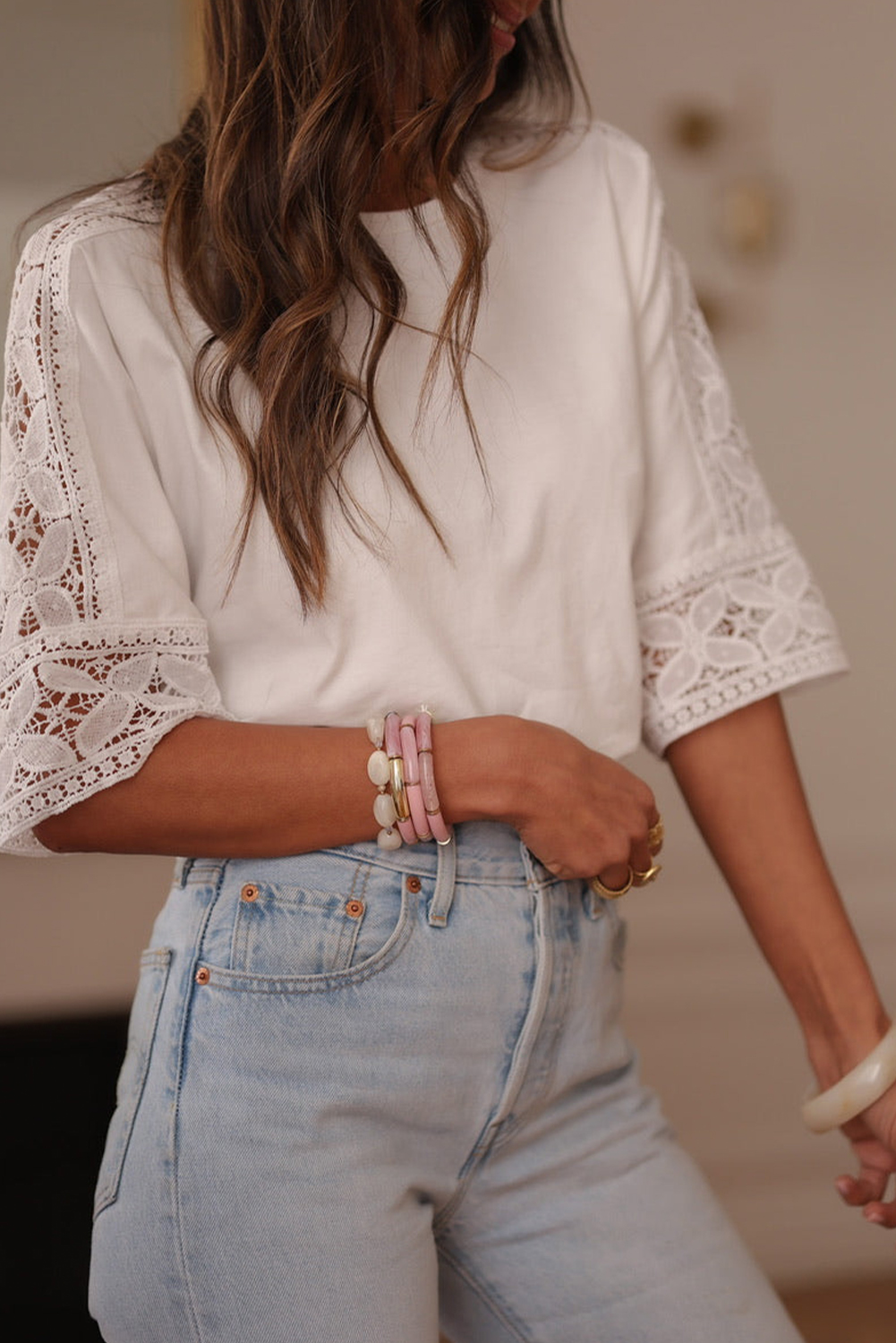 $6.48 White lace panel T-shirt Wholesale