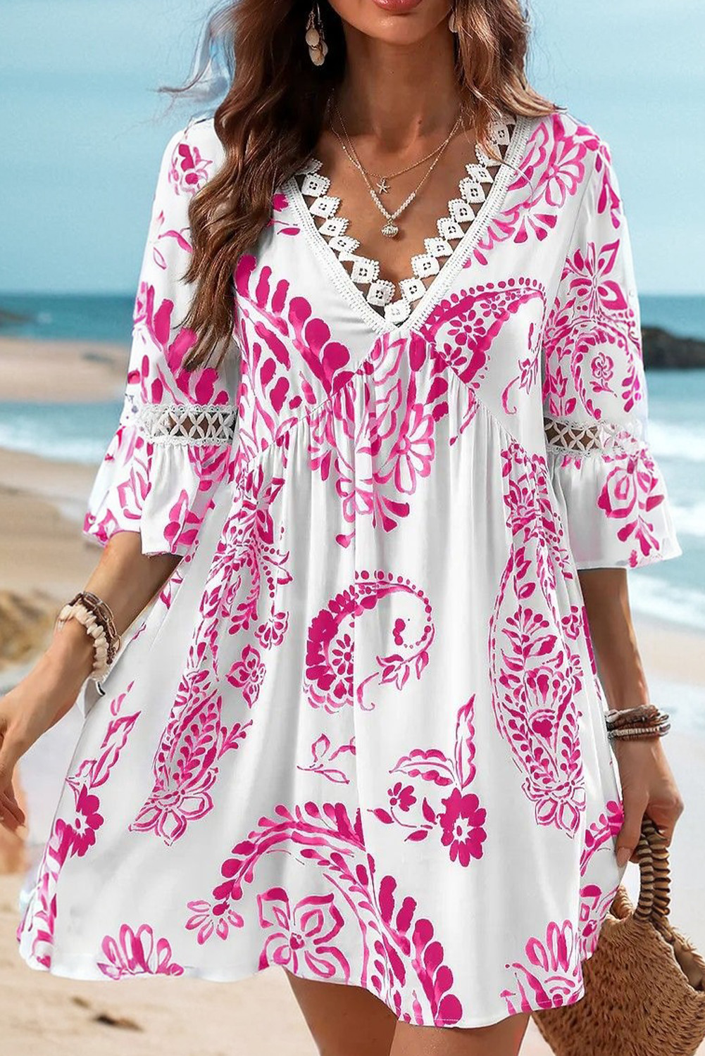 $7.15 Rose Floral Print Lace Detail Half Sleeve V Neck Cover Up Dress ...