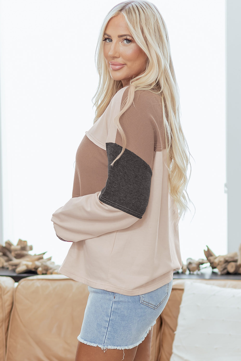 $8.97 Jet Stream Color Block Waffled Patchwork Loose Henley Top Wholesale