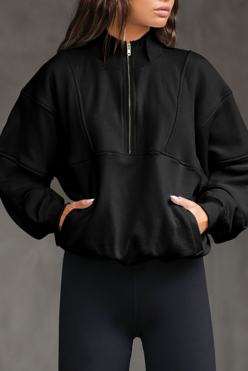 $12.96 Black Half Zip Stand Collar Exposed Seam Solid Color Casual ...