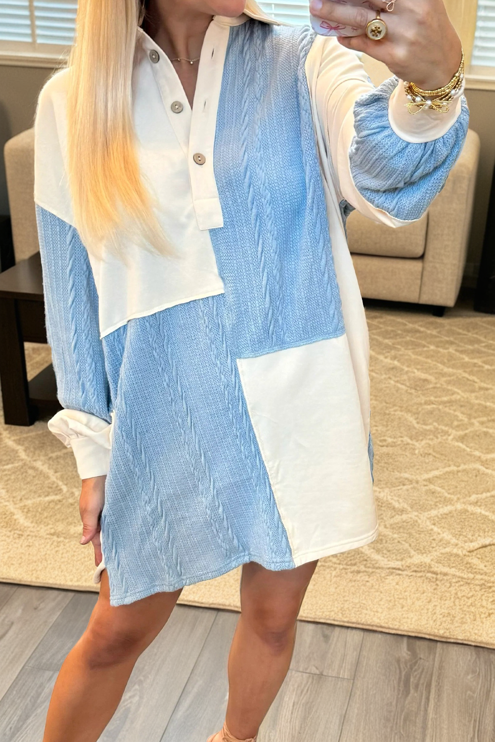 $8.46 Myosotis Contrast Textured Knit Color Block Patchwork Half Button ...