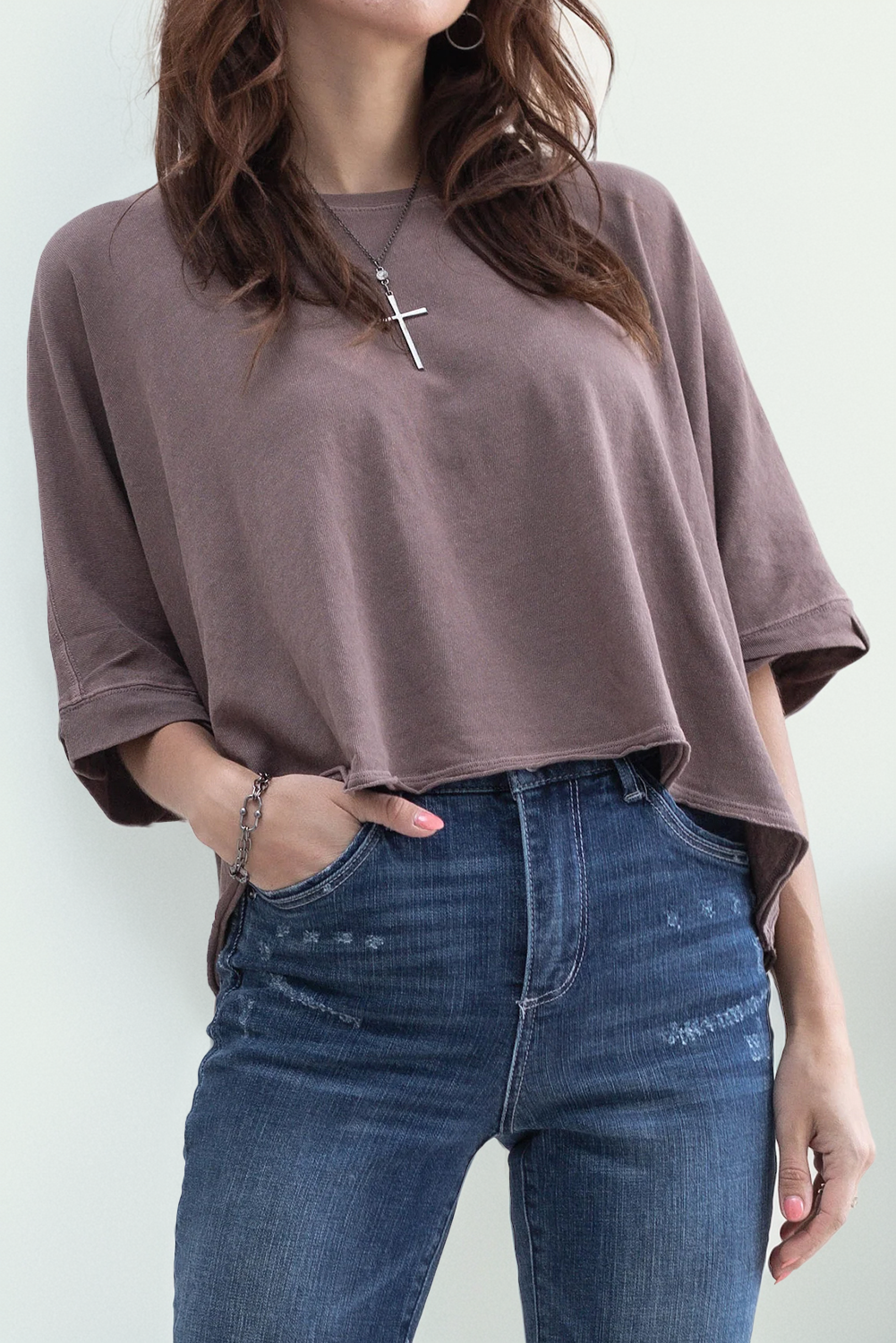 $5.16 Old Rose Solid Color Half Sleeve Raw Seam High Low Hem Loose Tee ...