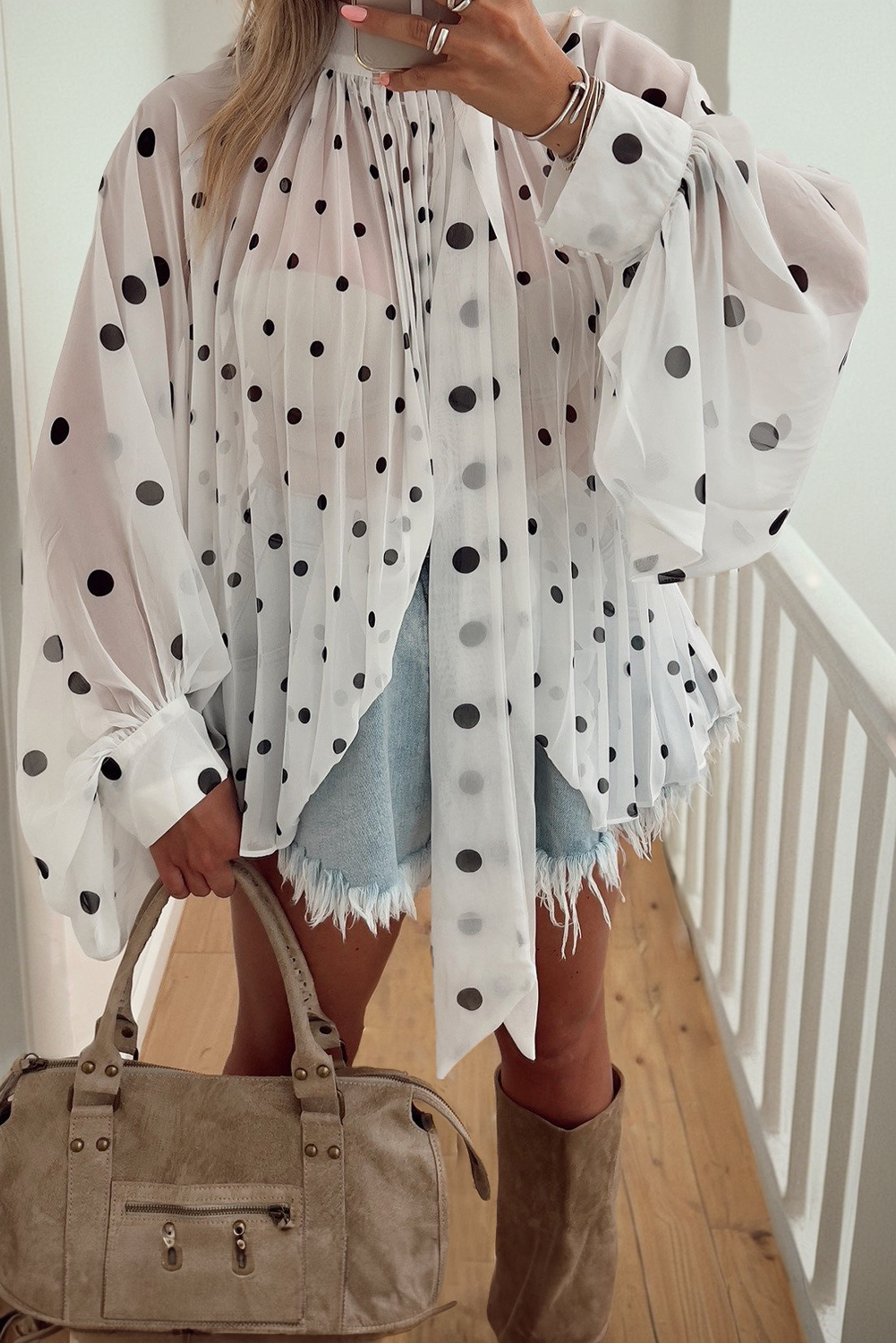 $8.78 White Polkadot Pleated Tie Neck Balloon Sleeve Blouse Wholesale