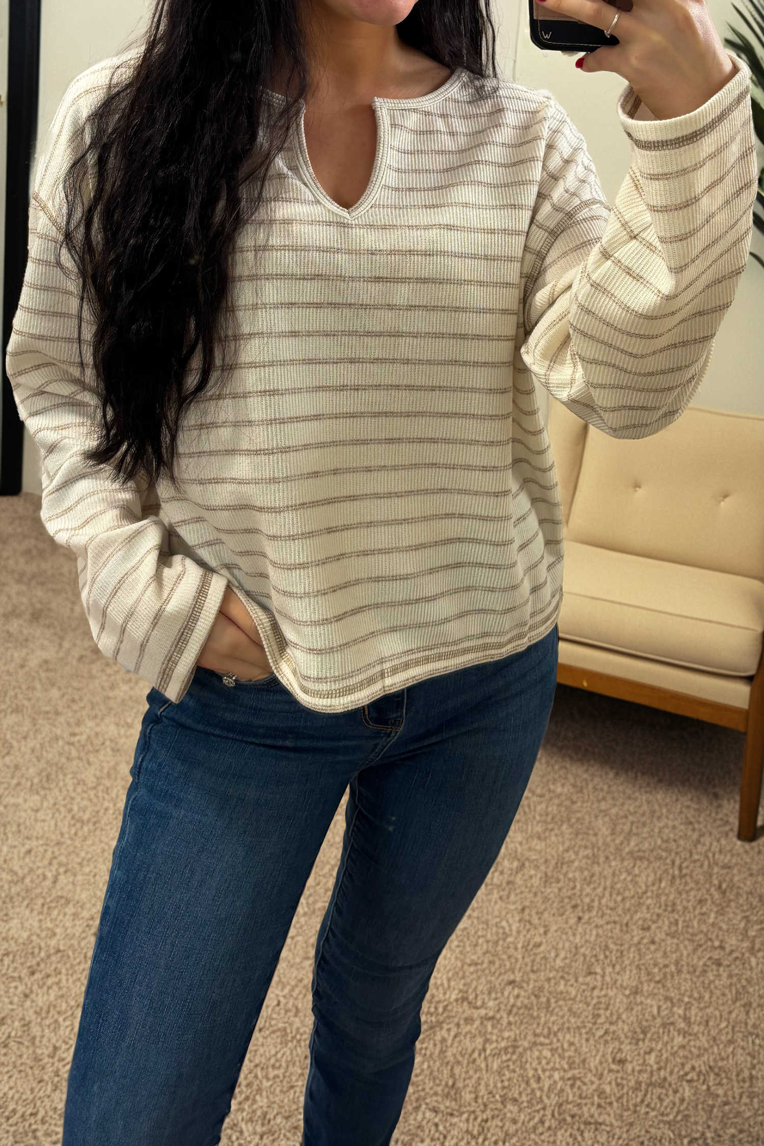 $5.82 White Stripe Notched Neck Drop Shoulder Long Sleeve Casual Top ...