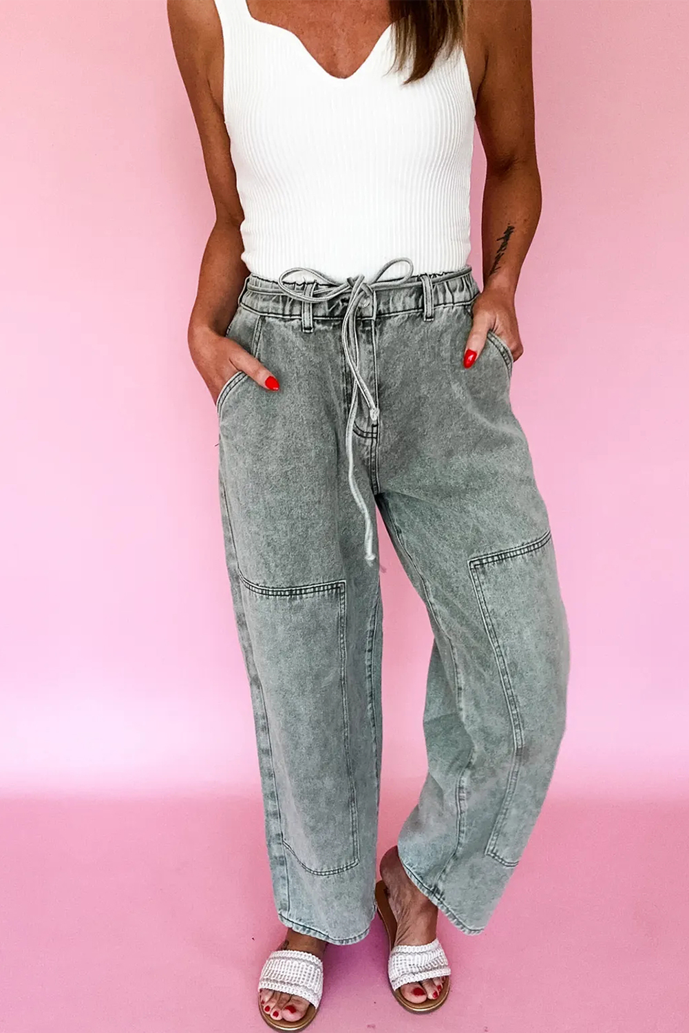 $12.47 Gray Acid Wash Barrel Fit Denim Pants with Waist String Wholesale