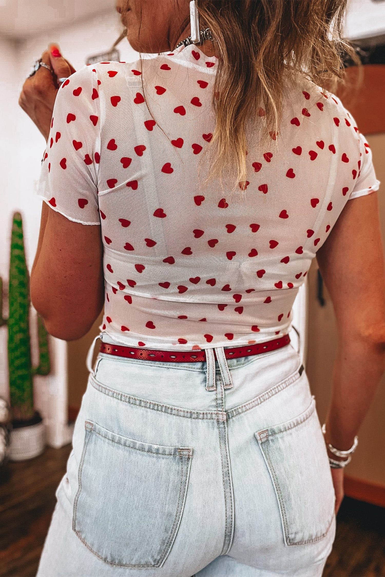 $3.09 Red Allover Heart Print Mesh Short Sleeve Top Wholesale