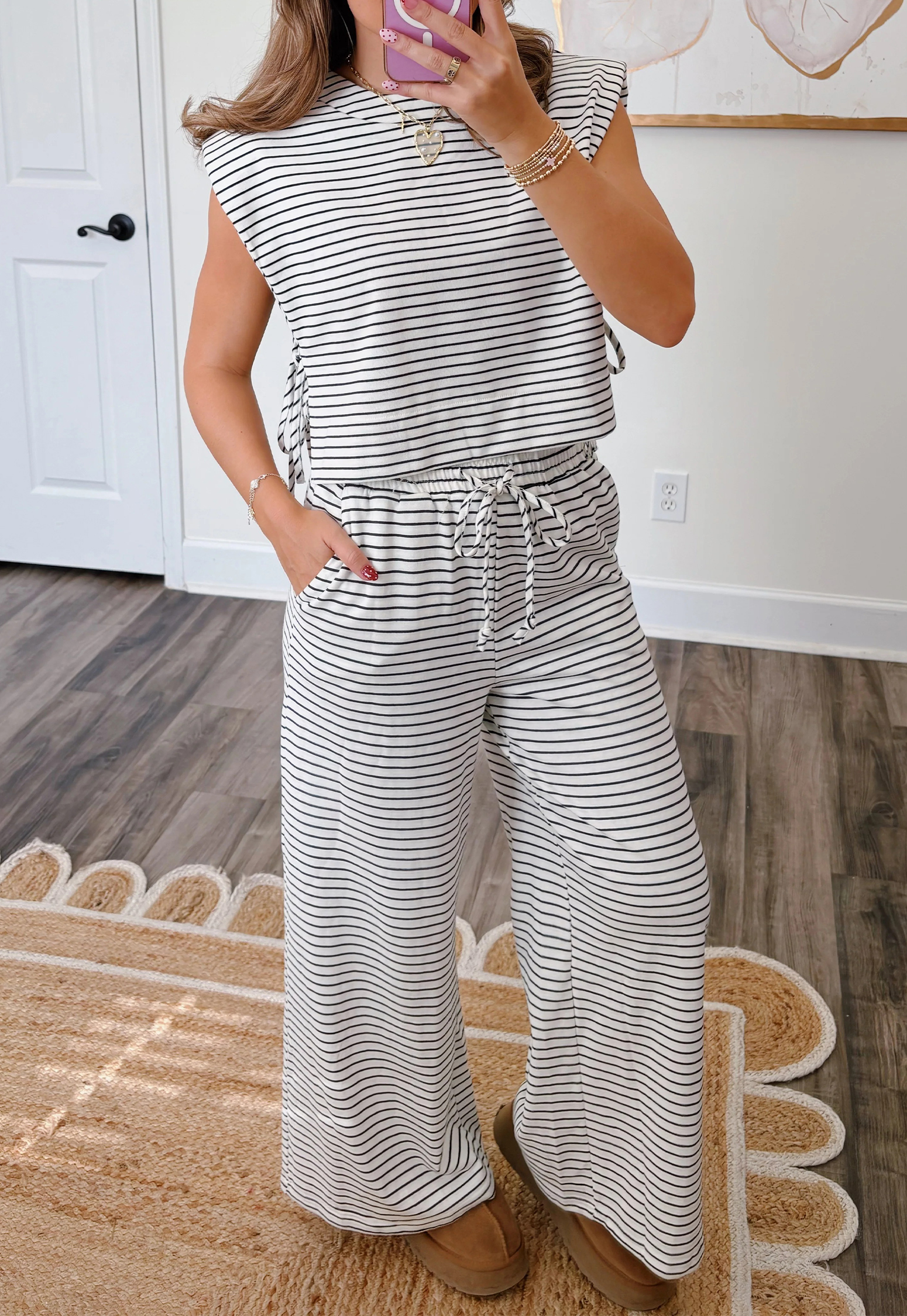 $11.86 Black Stripe Tie Side Tank Top Drawstring Elastic Waist Loose ...