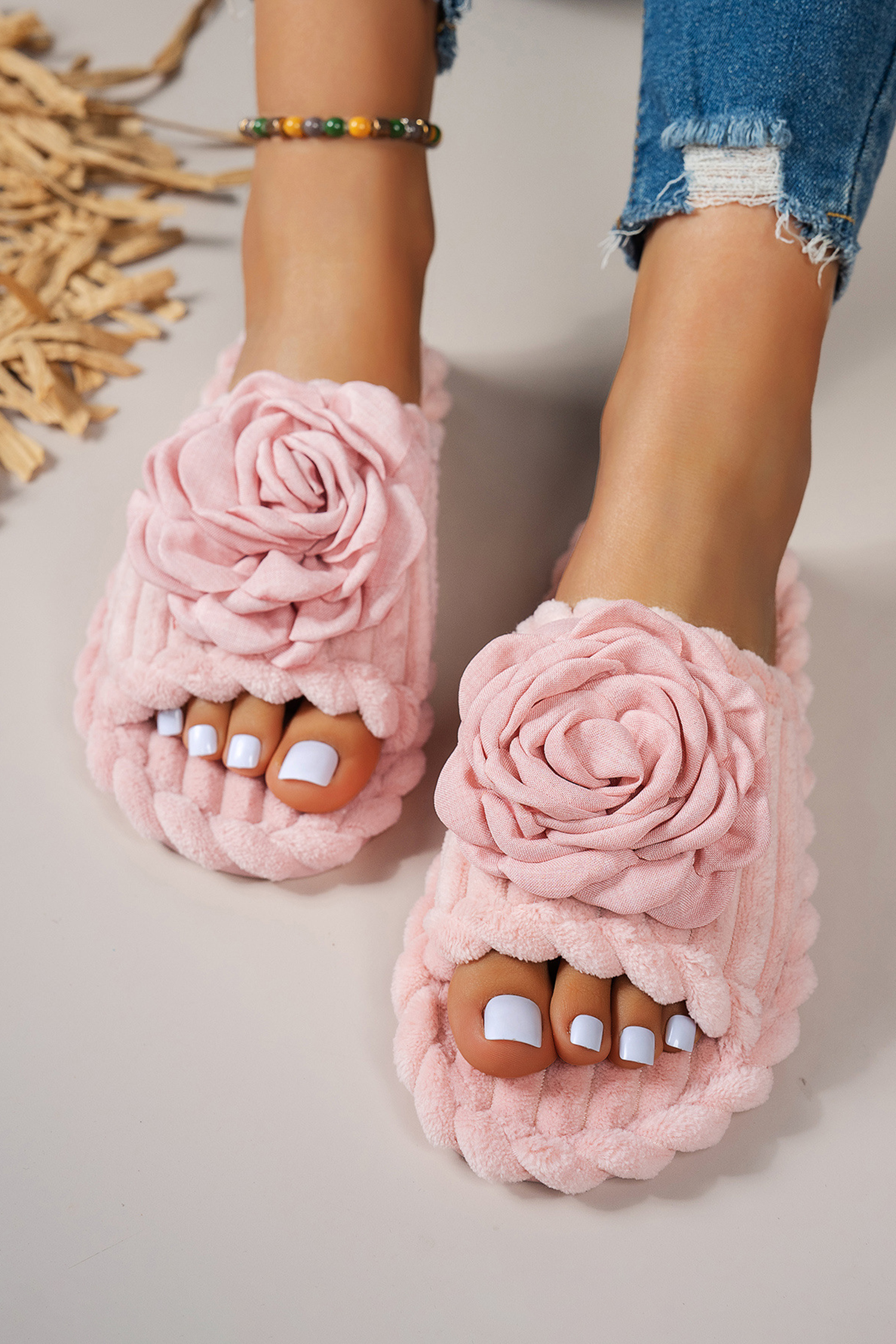 $5.69 Pink Solid Color 3D Flower Accent Corded Ribbed Open Toe Slippers ...