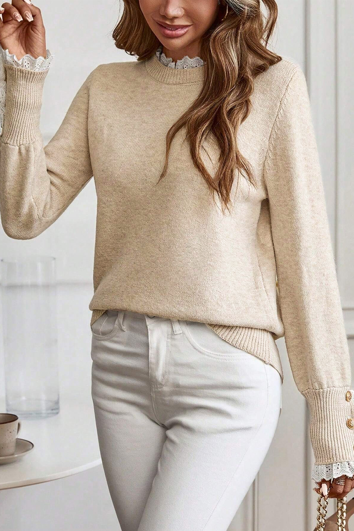 $11.02 Jet Stream Lace Trim Patchwork Buttoned Cuffs Loose Sweater ...
