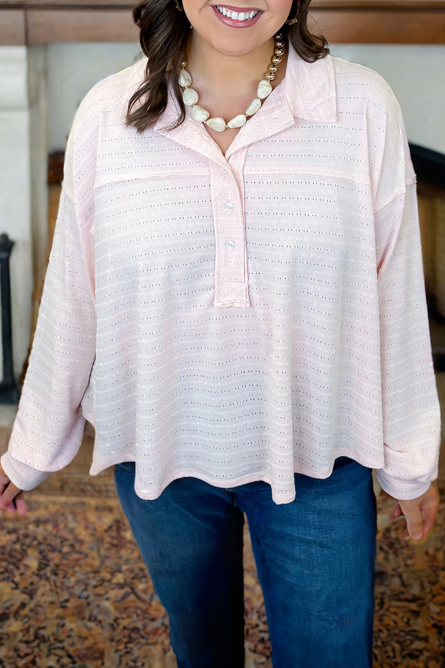 $11.03 Light Pink Plus Size Eyelet Textured Collar Half Button Long ...