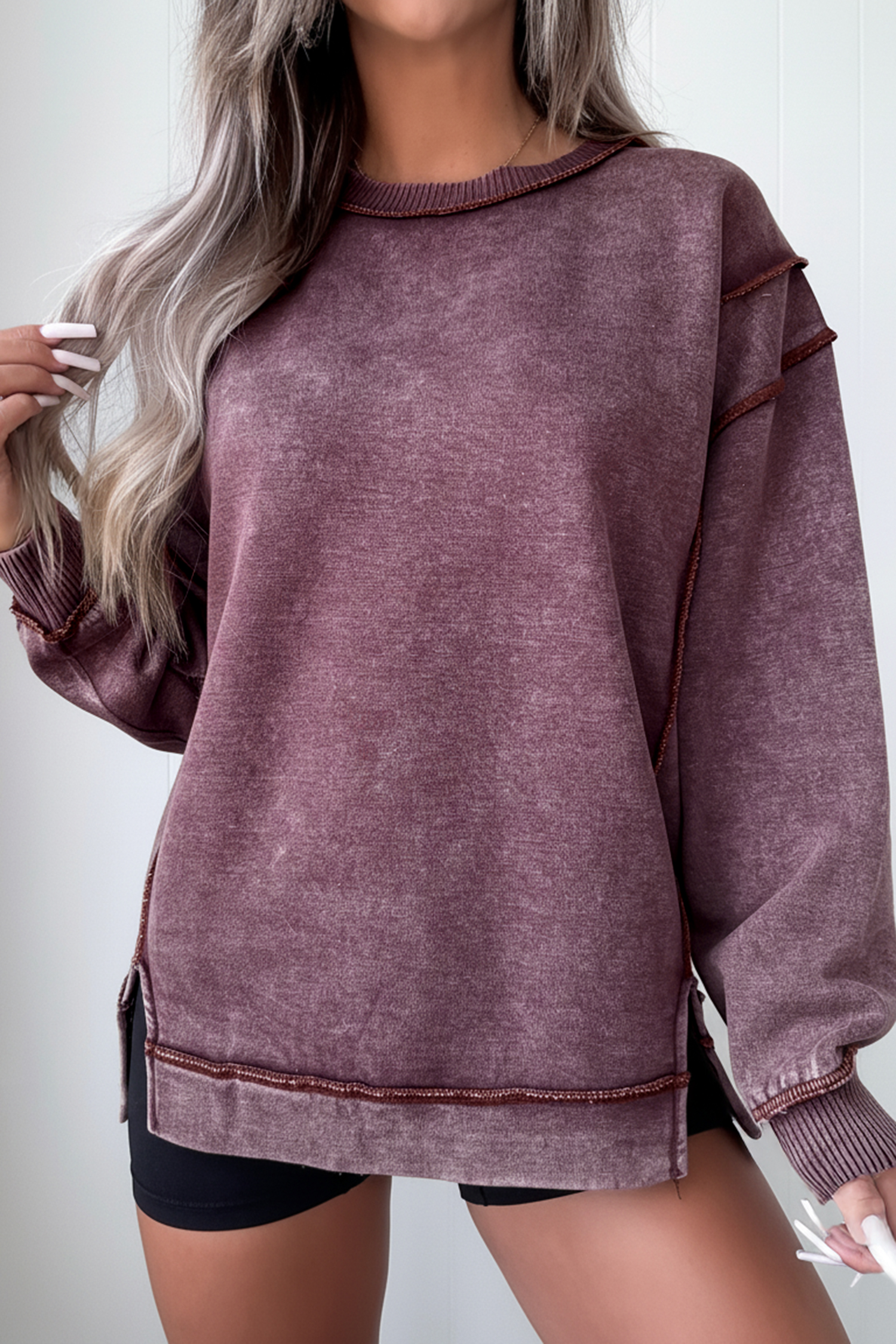 $12.1 Red Sandalwood Mineral Wash Exposed Seam Side Slit Sweatshirt ...