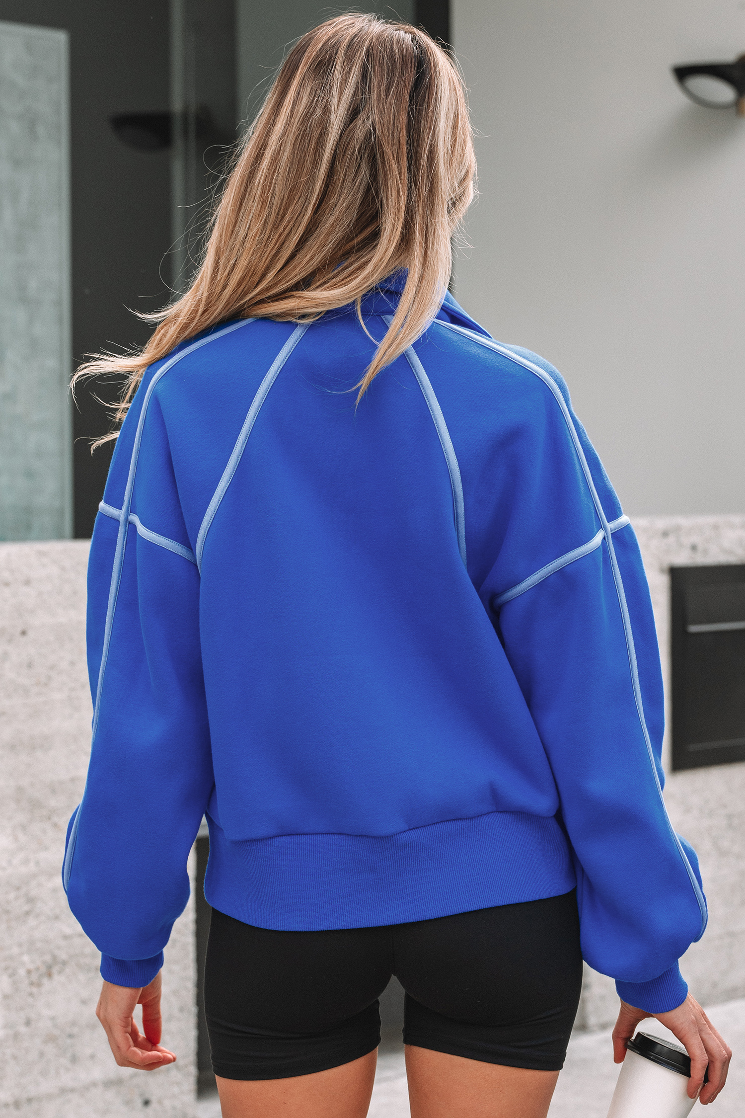 $11.77 Sky Blue Button up Collared Exposed Seam Chic Sweatshirt Wholesale