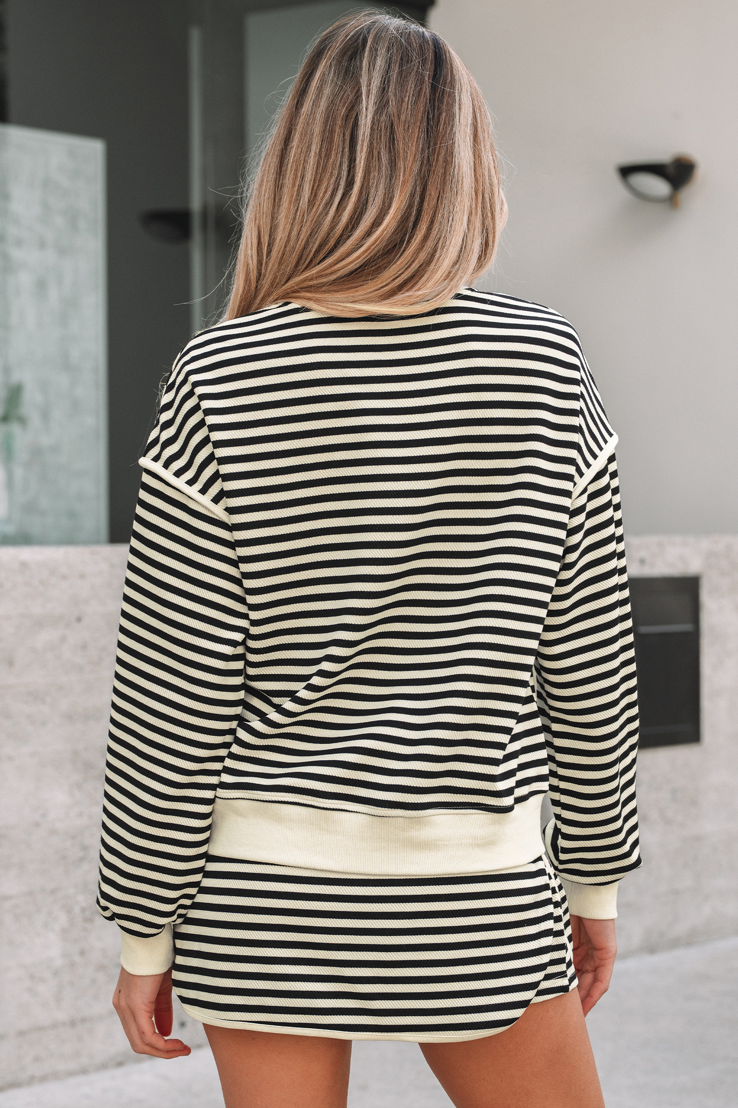 $13.55 Black Stripe Textured Drop Shoulder Pullover Top Drawstring Mini ...