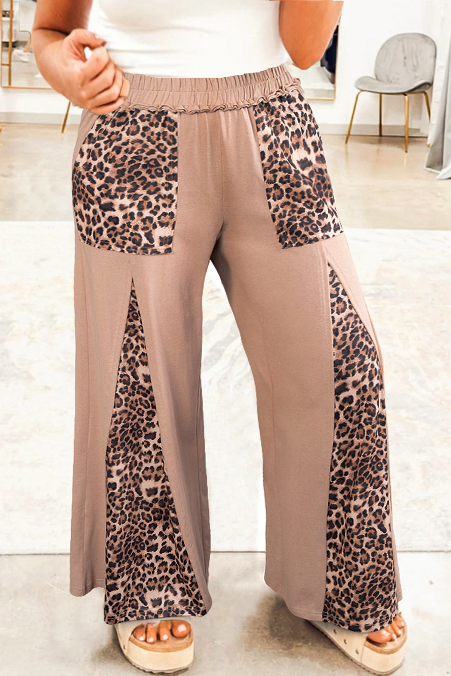 $12.46 Straw Yellow Plus Vintage Washed Leopard Patchwork Elastic Waist ...
