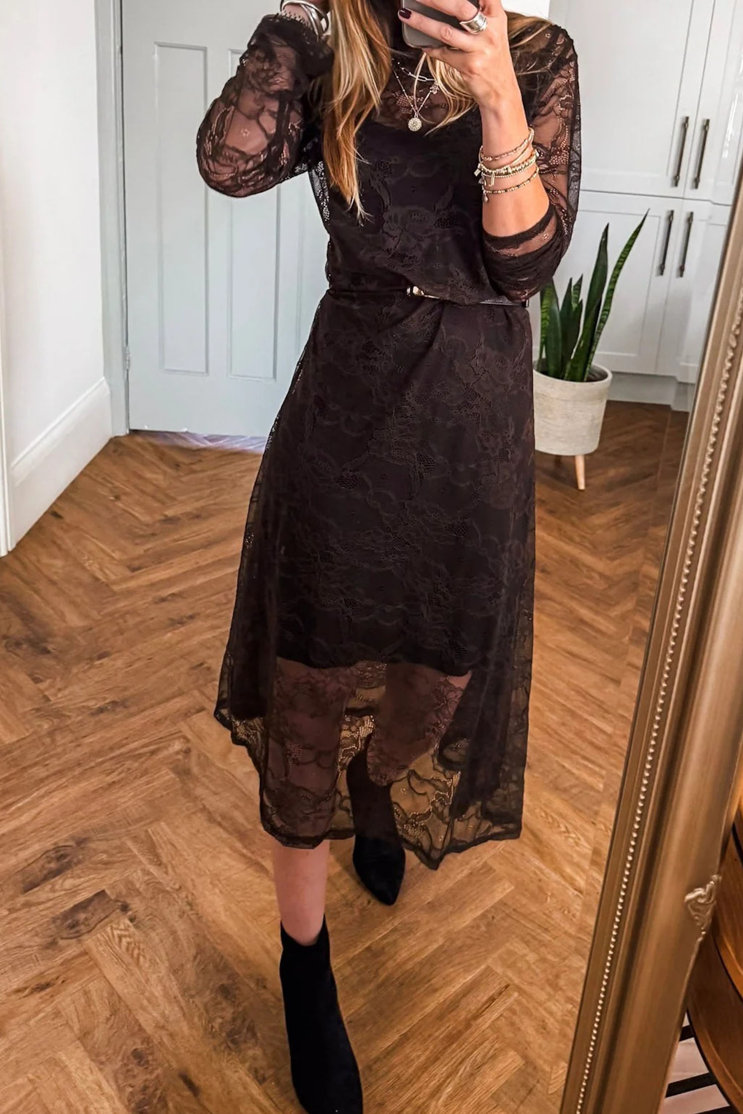 $11.76 Chicory Coffee Sheer Lace Long Sleeve Overlay Midi Dress Wholesale