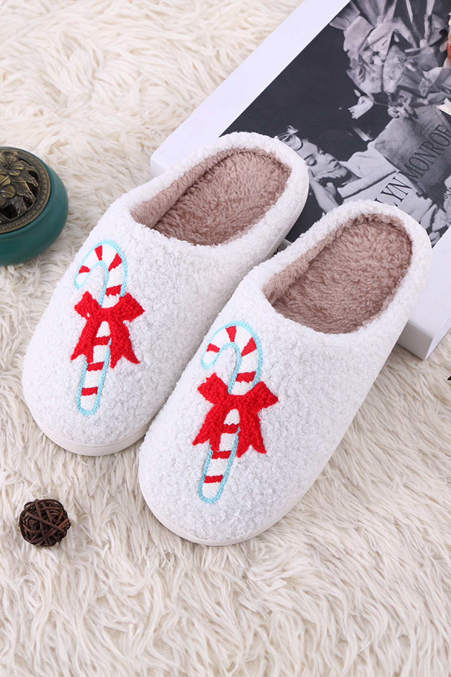 $2.48 White Candy Cane Bow Christmas Plush Slippers Wholesale
