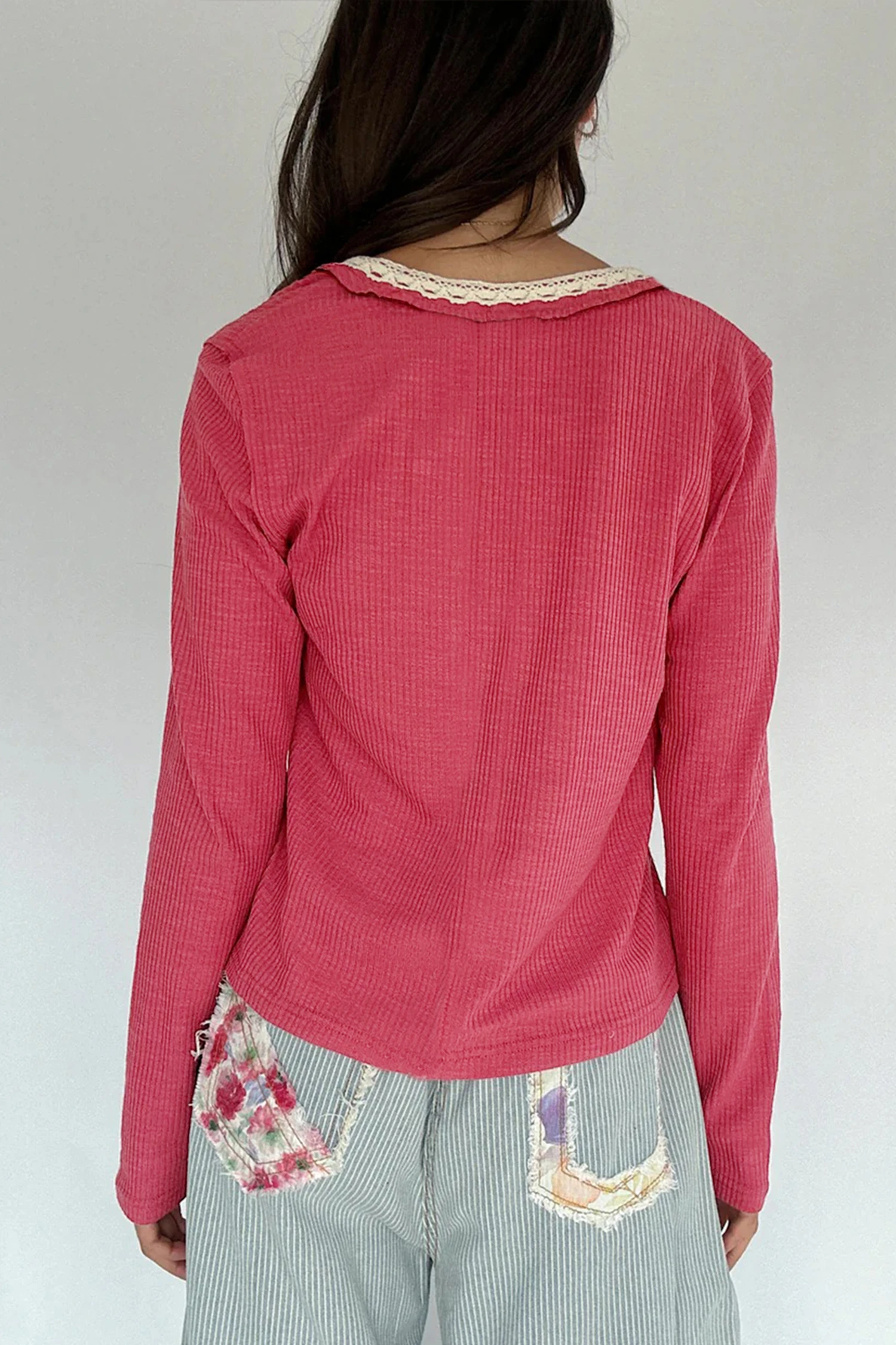 $7.37 Racing Red Ribbed Texture Contrasted Lace Trim Button V Neck Long ...