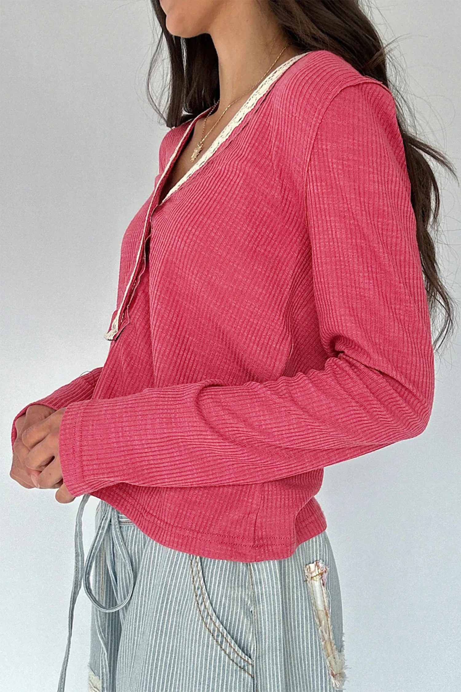 $7.37 Racing Red Ribbed Texture Contrasted Lace Trim Button V Neck Long ...