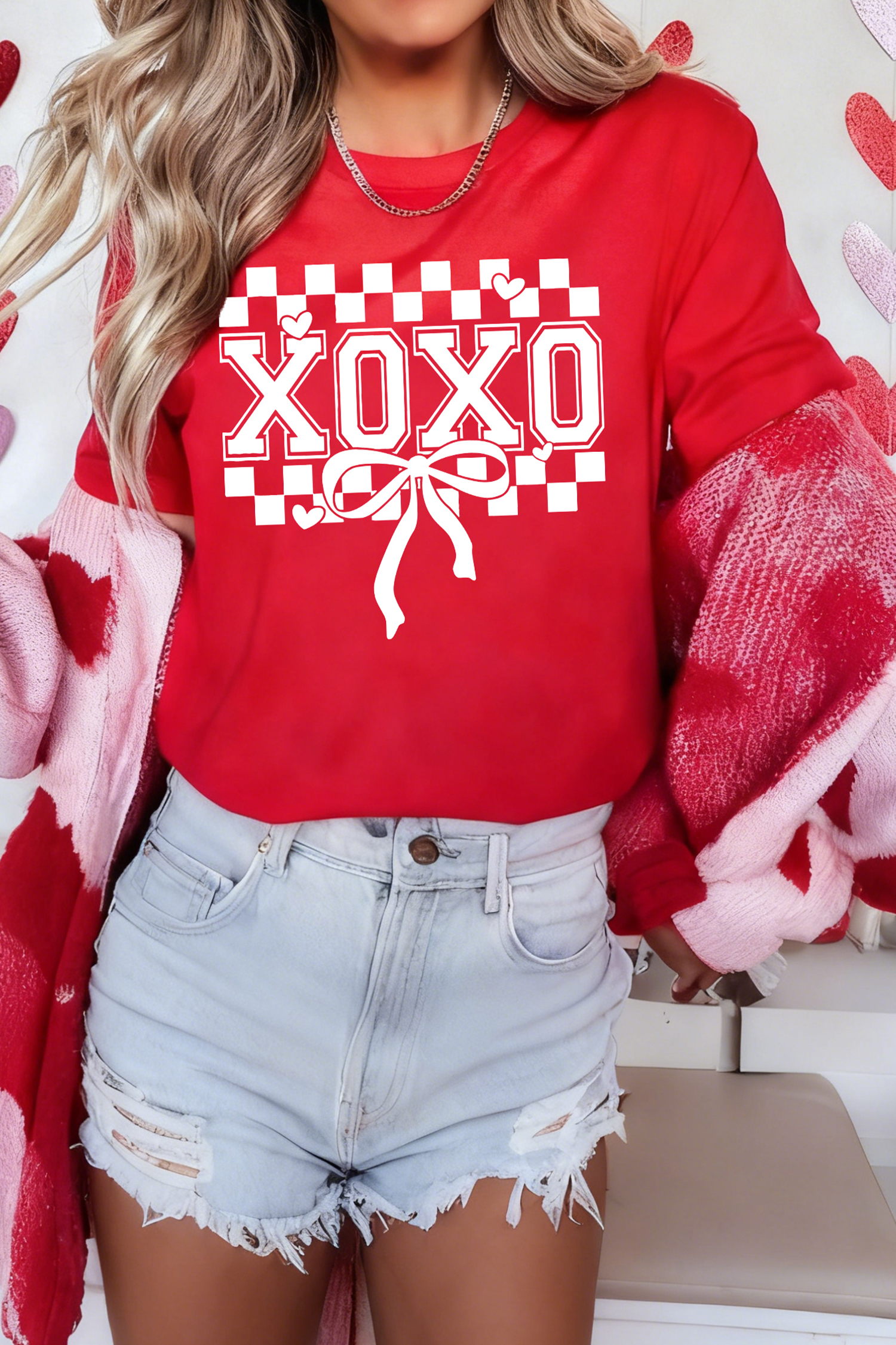 $5.94 Red XOXO Checkered Ribbon Bow Print Valentines Day T Shirt Wholesale