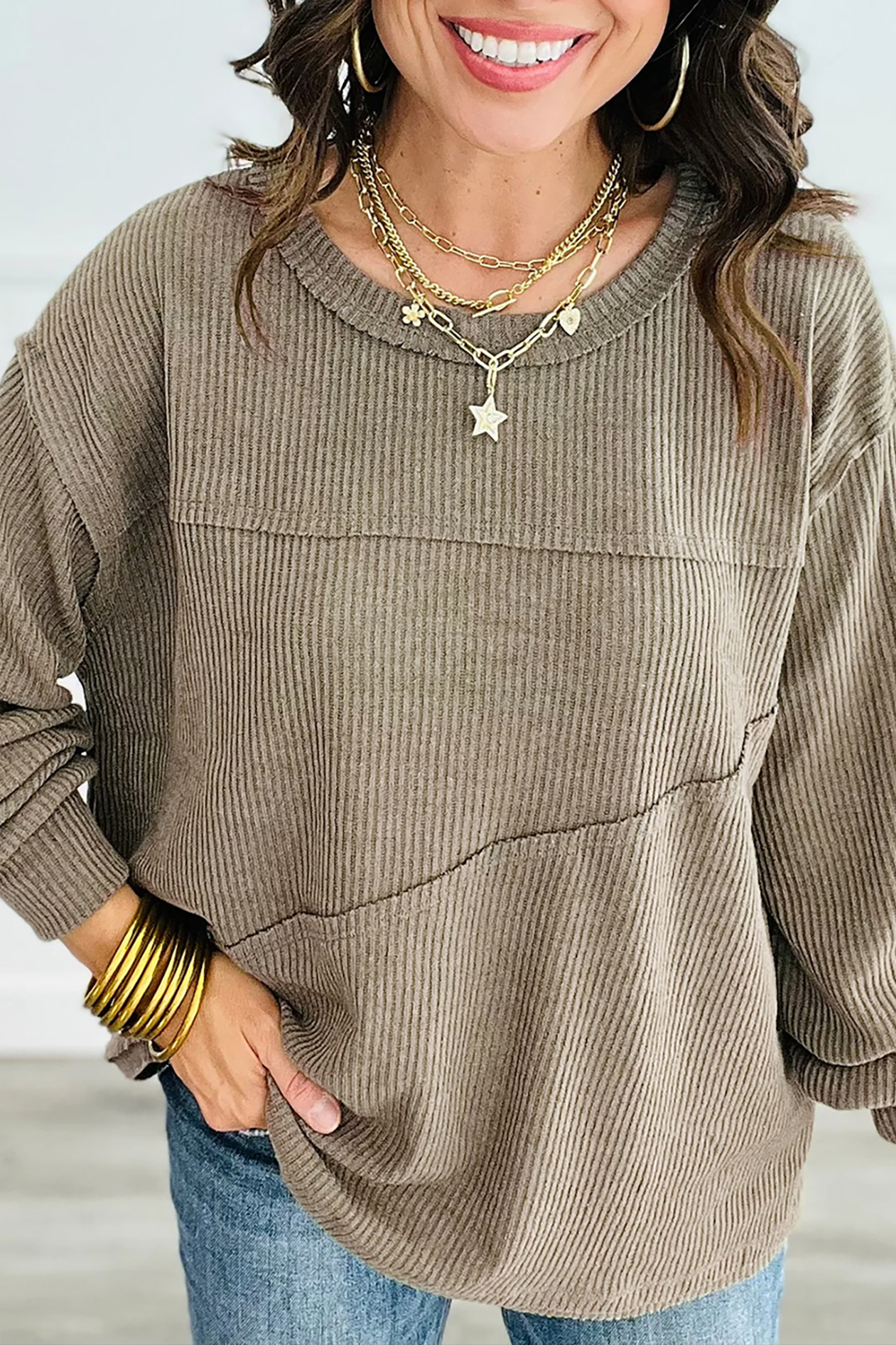$7.68 Dark Khaki Solid Color Ribbed Knit Exposed Seam Patchwork Long ...