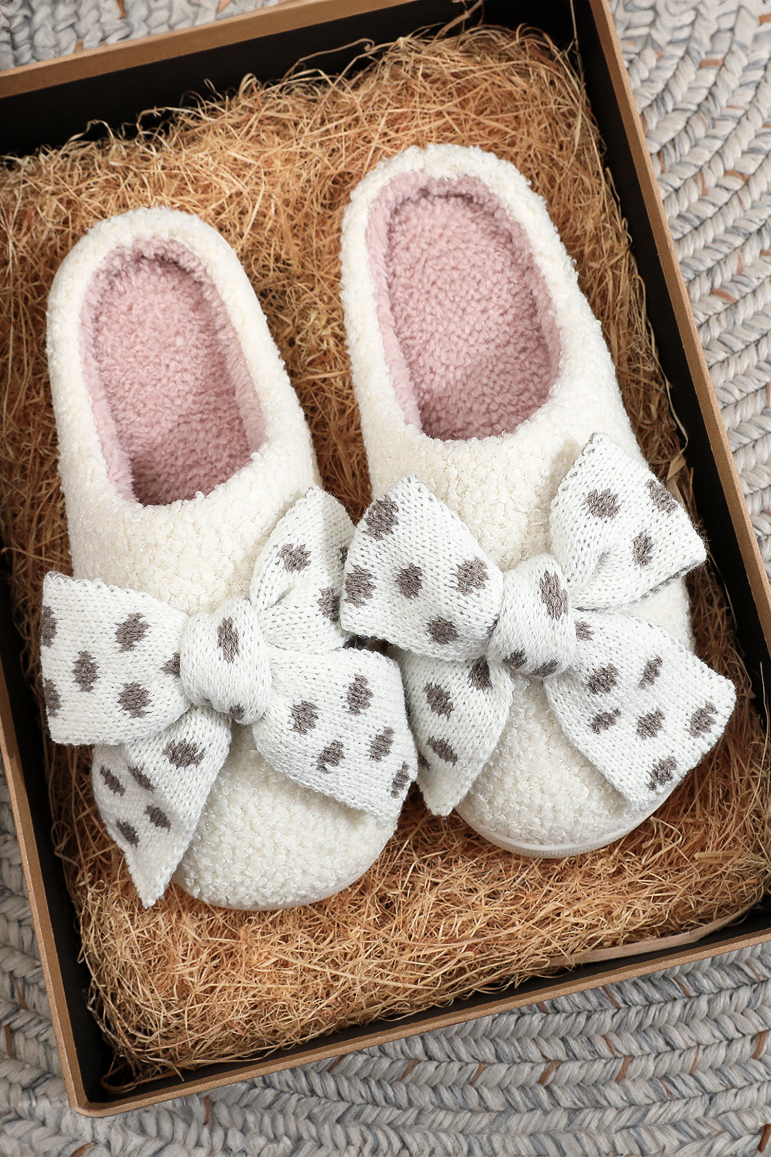 $3.47 White Polka Dot Knit Bow Decor Plush Color Block Slippers Wholesale