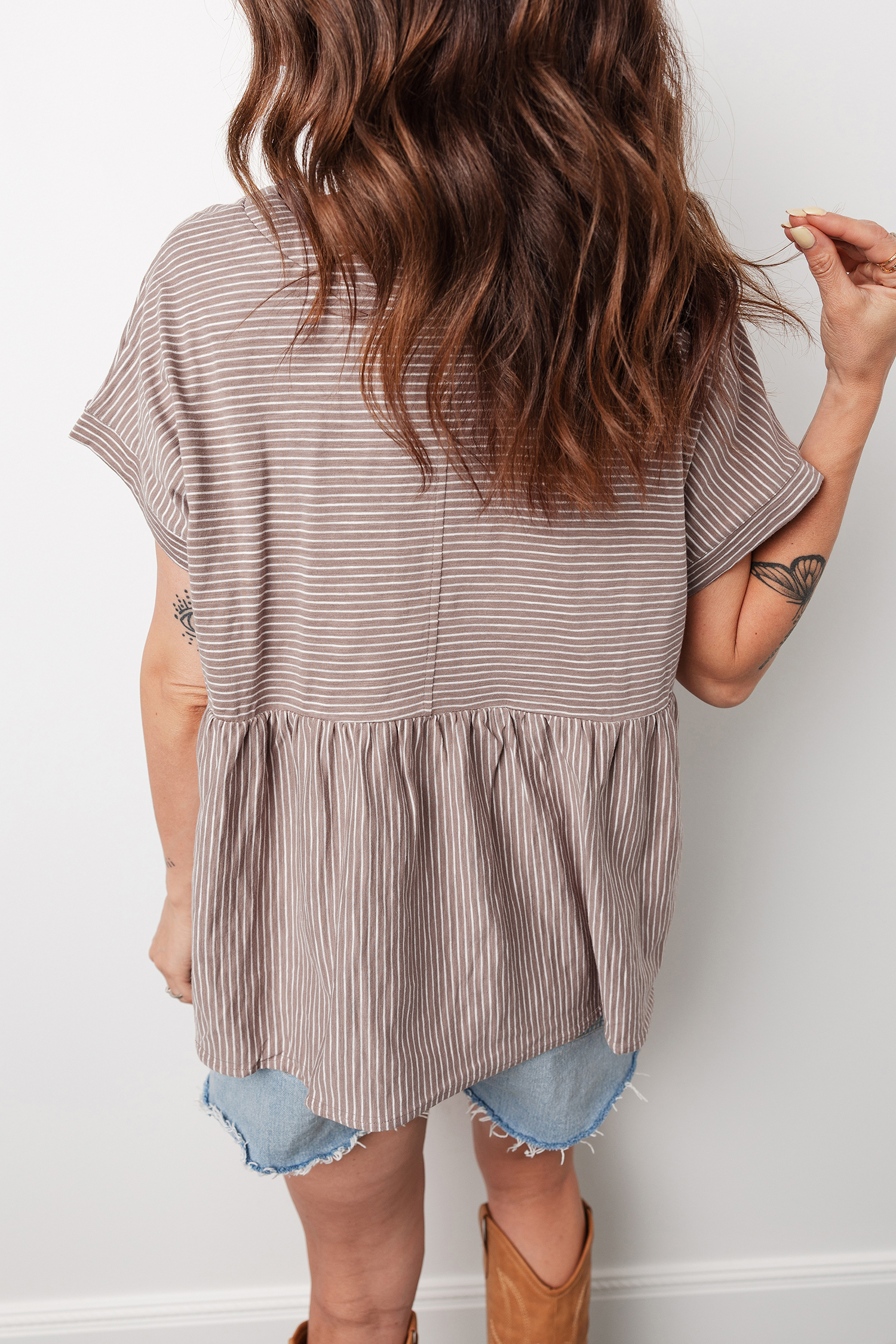 $6.93 Khaki Stripe Buttoned V Neck High Low Side Slit T Shirt Wholesale