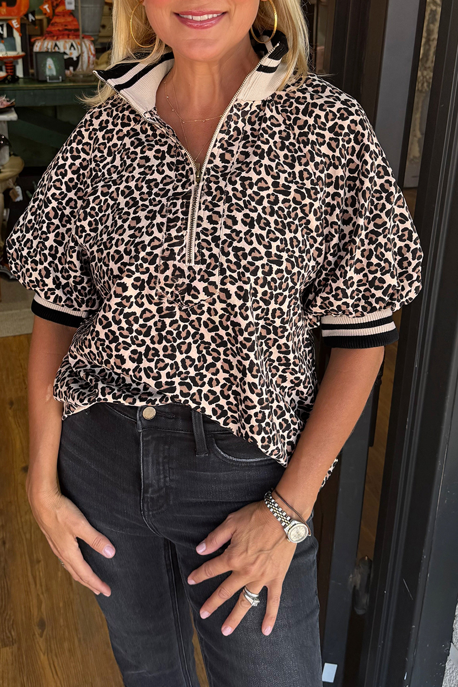 $7.7 Brown Leopard Print Half Zip Striped Trim Patchwork Short Sleeve ...