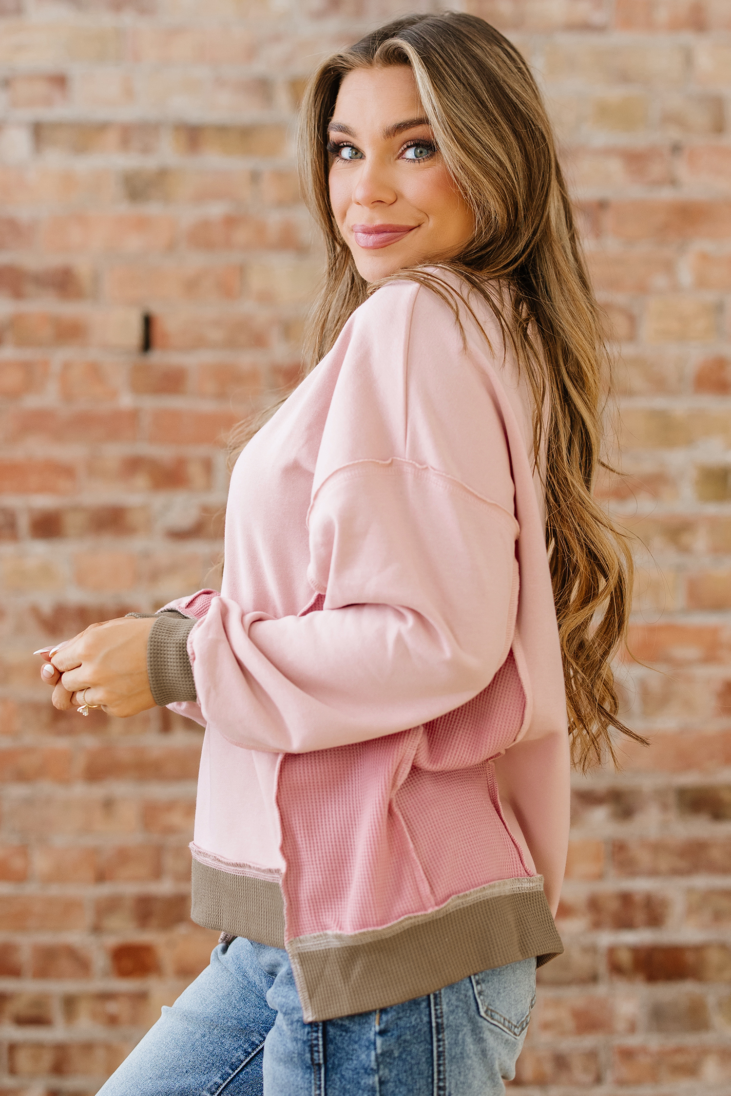 $8.2 Light Pink Color Block Mix Texture Waffle Patchwork Oversize ...